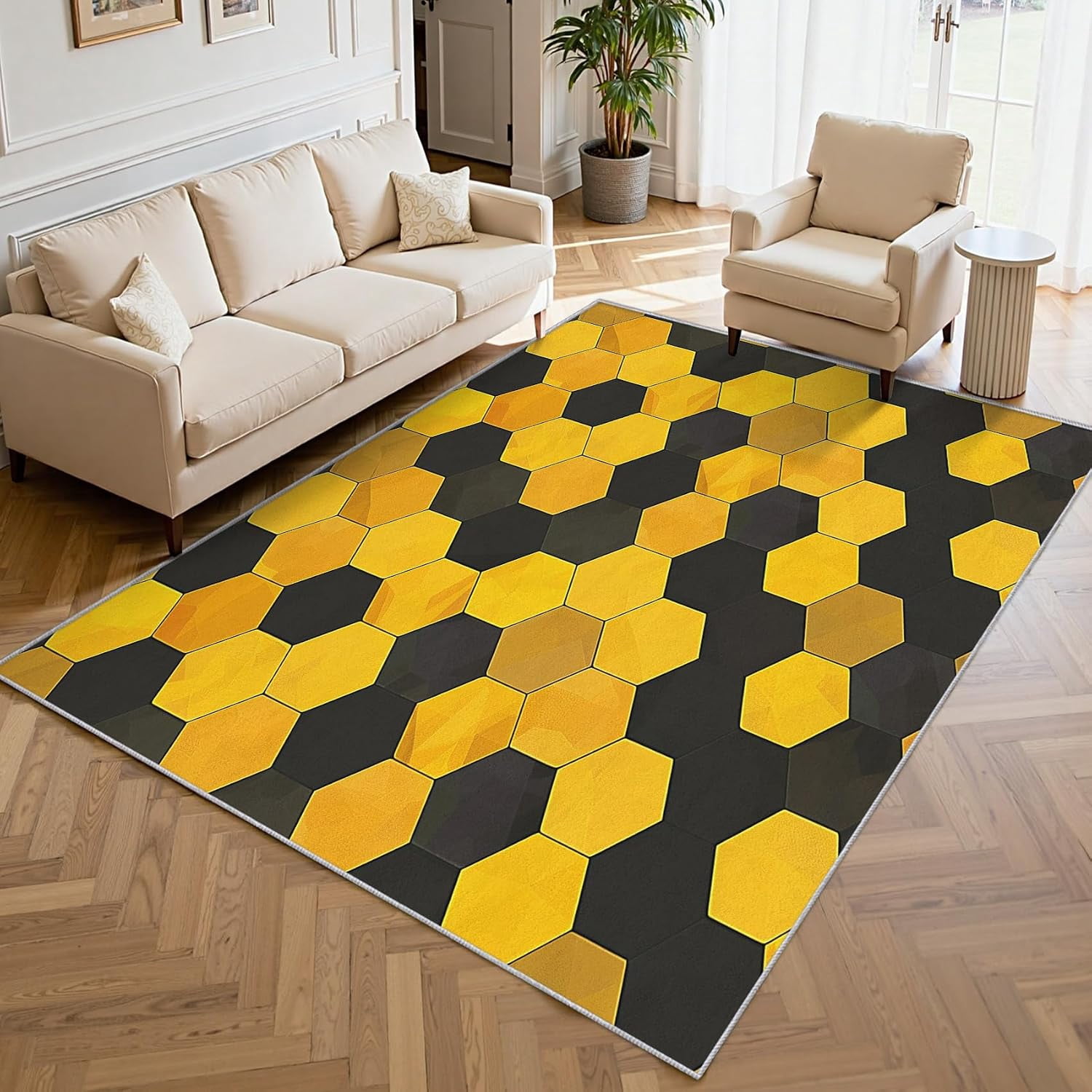 Honeycomb Geometric Area Rugs, Black Gold Hexagon Beehive Pattern ...
