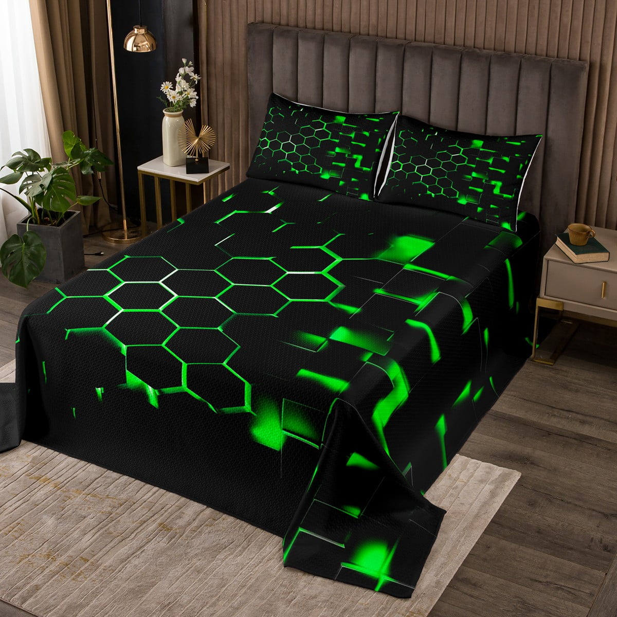 Honeycomb Hexagon Bedspread King Size,Neon Green Black Bedding Set 3Pcs ...