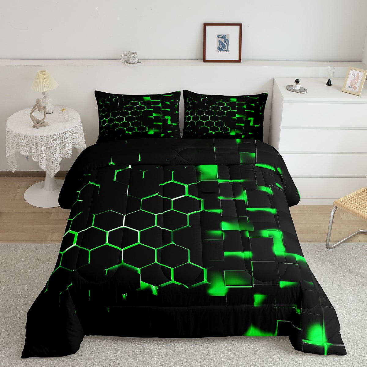 Honeycomb Hexagon Comforter Set,Neon Green Black Bedding Set 2Pcs,Teens ...