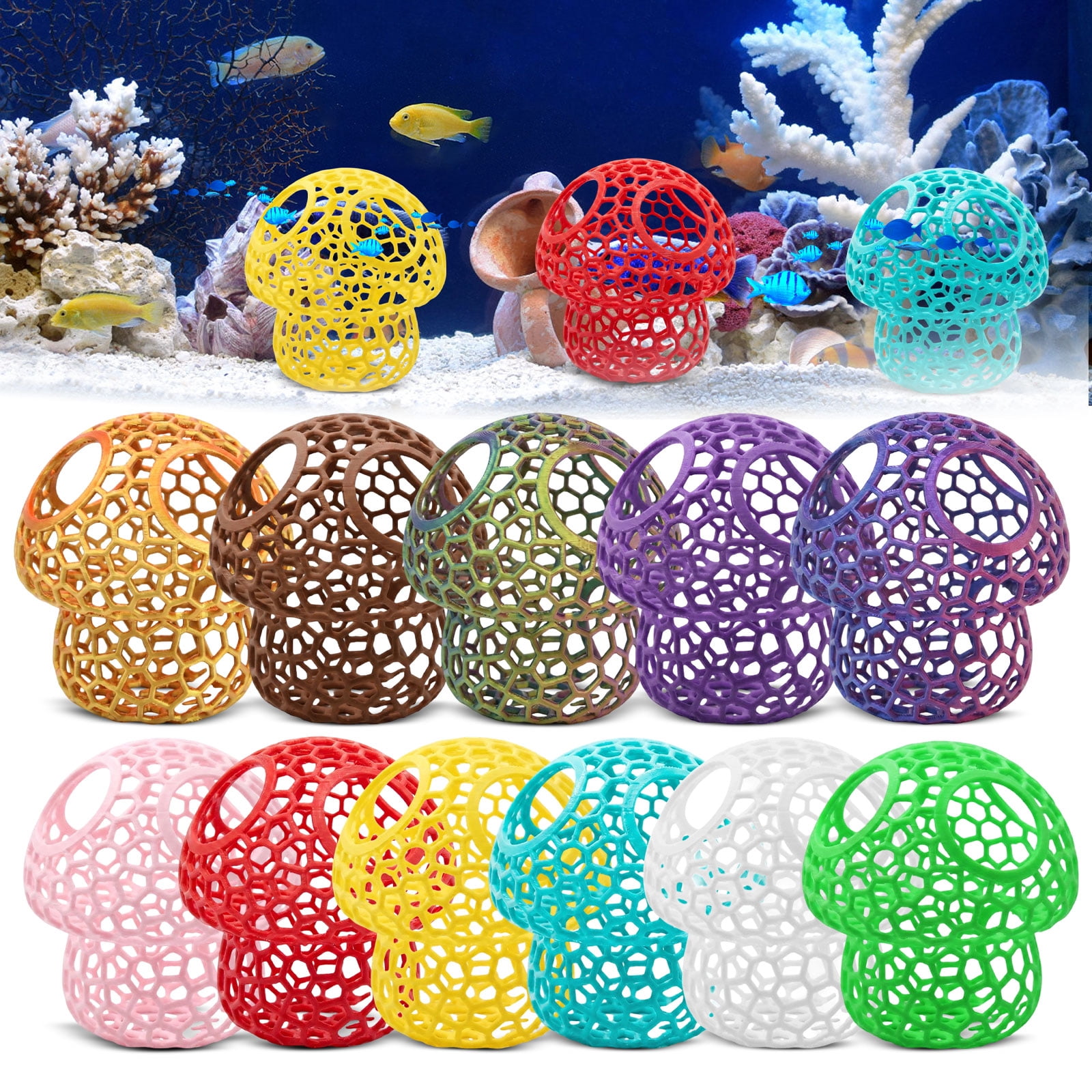 Honeycomb Mushroom Fish Tank Cave Decoration, 3.47" Hollow Aquarium ...