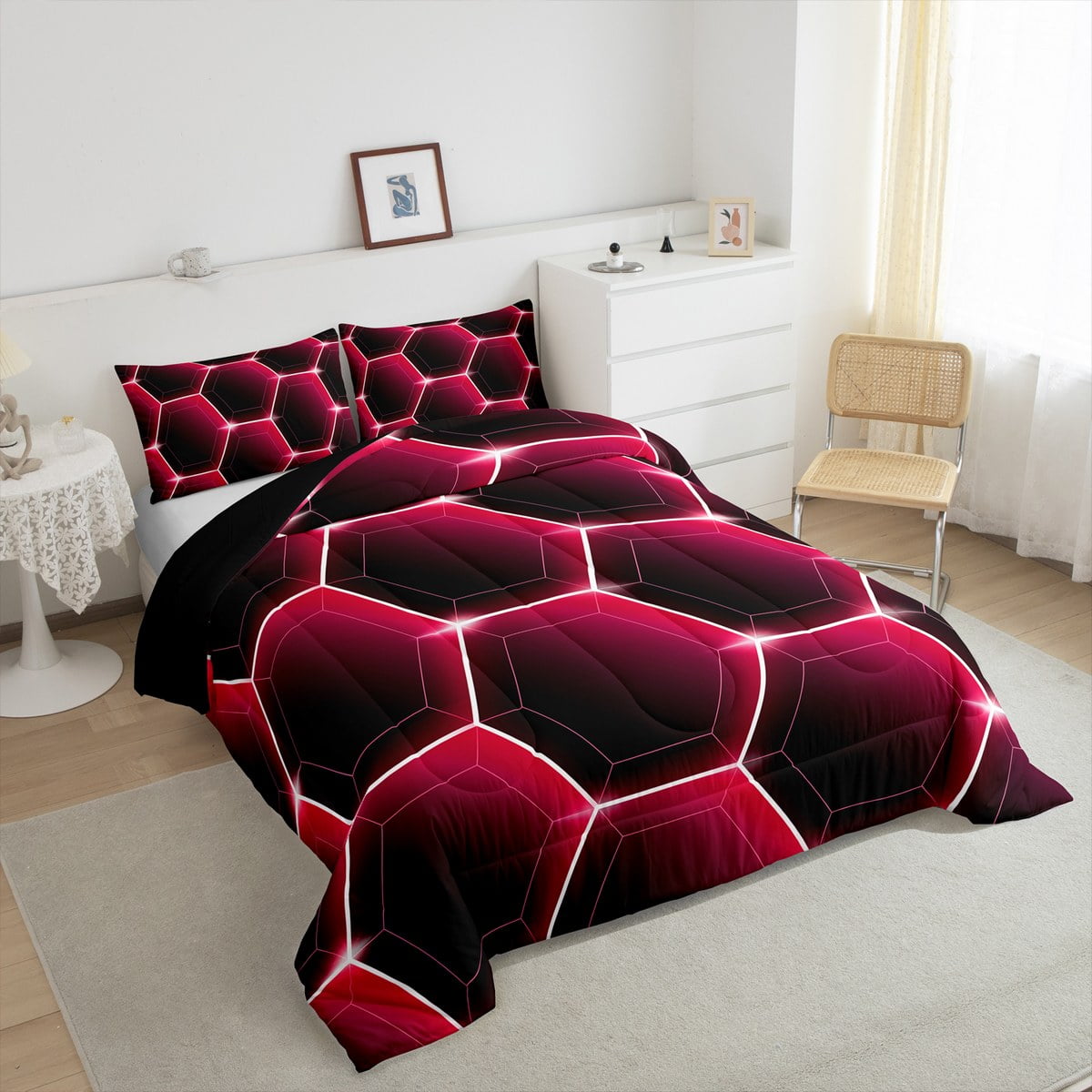 Honeycomb Queen Comforter Set 3D Stereoscopic Black and Magenta Hexagon ...