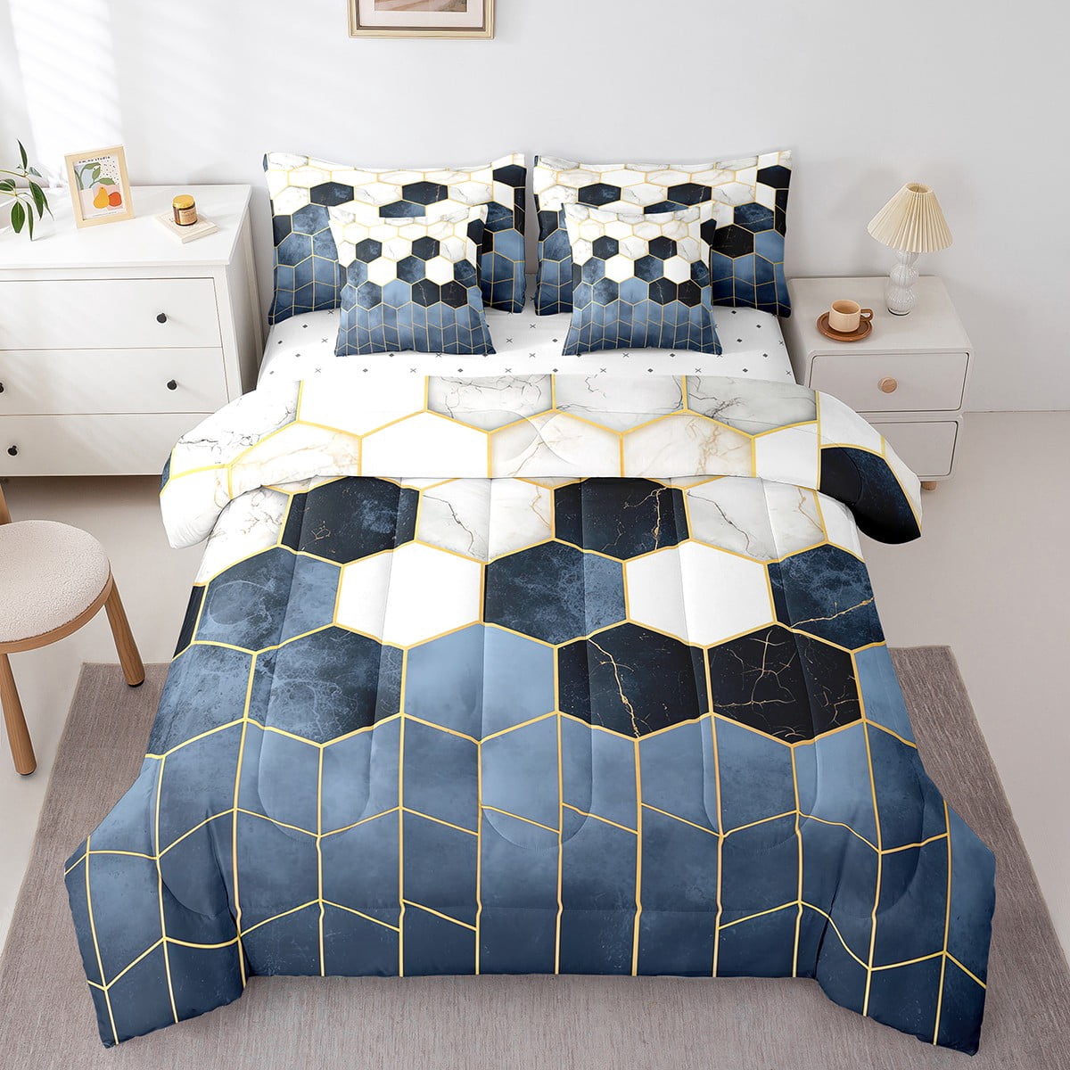 Honeycomb Queen Comforter Set,Geometric Hexagon 7 Pieces Bed in a Bag ...