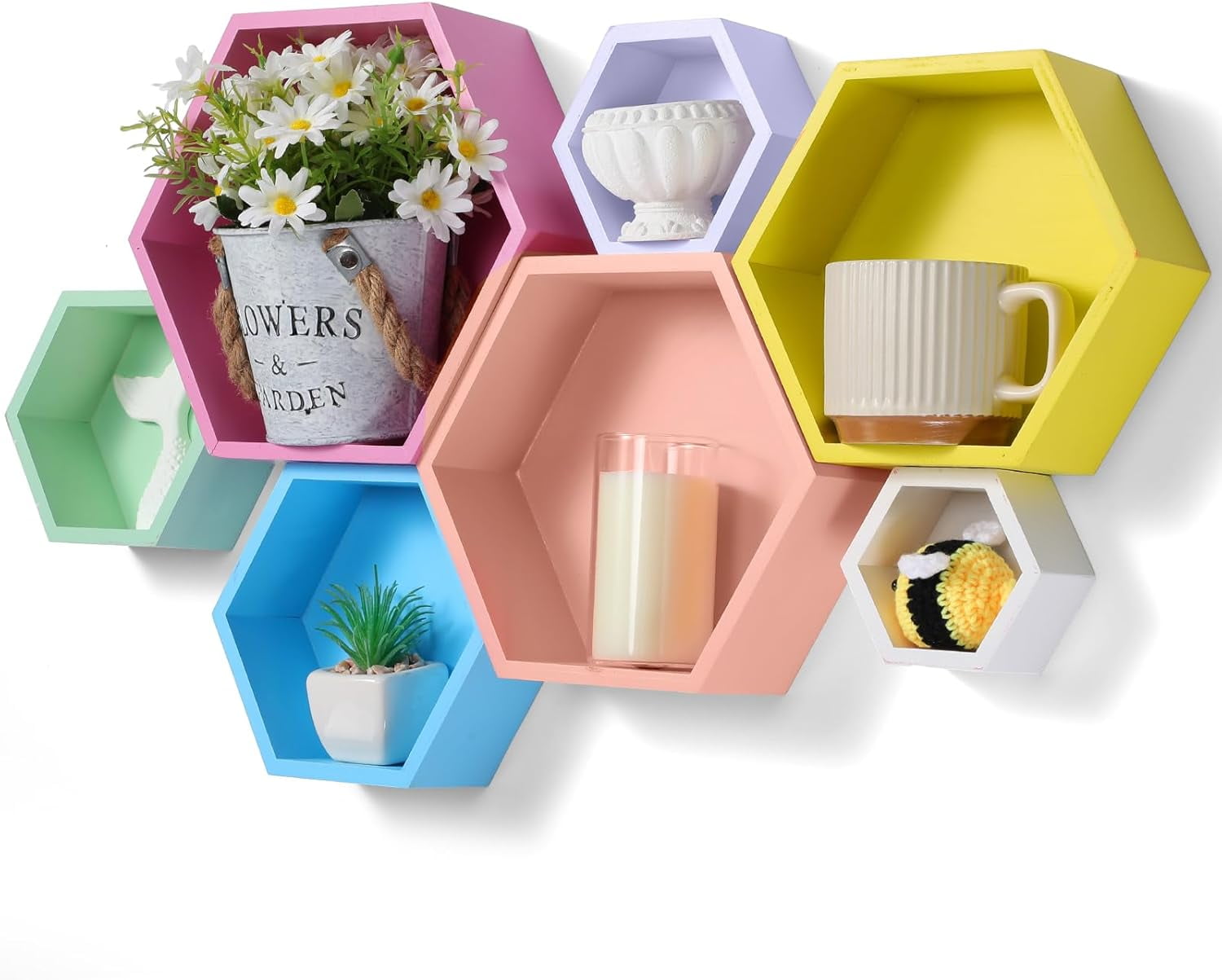 Honeycomb Shelves for Wall Set of 7 Wooden Hexagon Floating Shelves ...