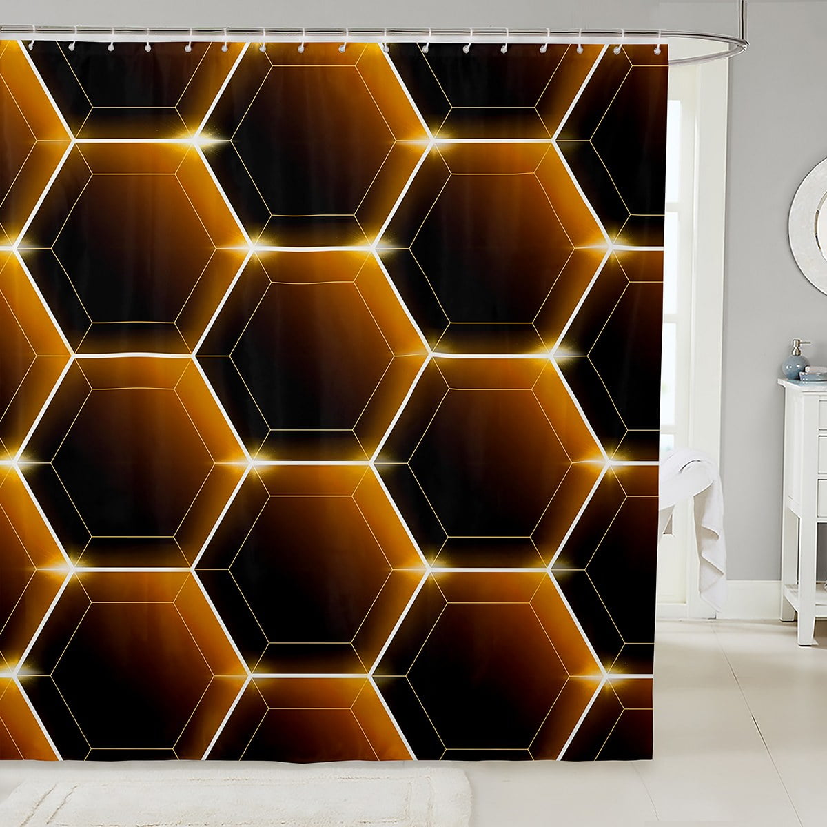 Honeycomb Shower Curtain 3D Black and Orange Hexagon Bath Curtain Geometric Hexagonal Beehive ...