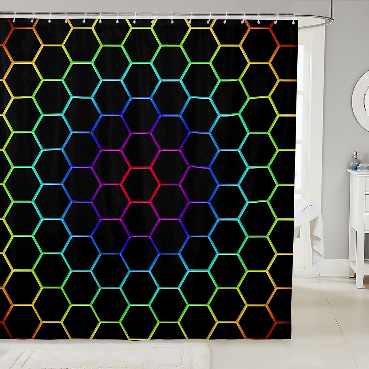 Honeycomb Shower Curtain 3D Geometric Beehive Hexagon Rainbow for Boys Girls,Neon Light ...