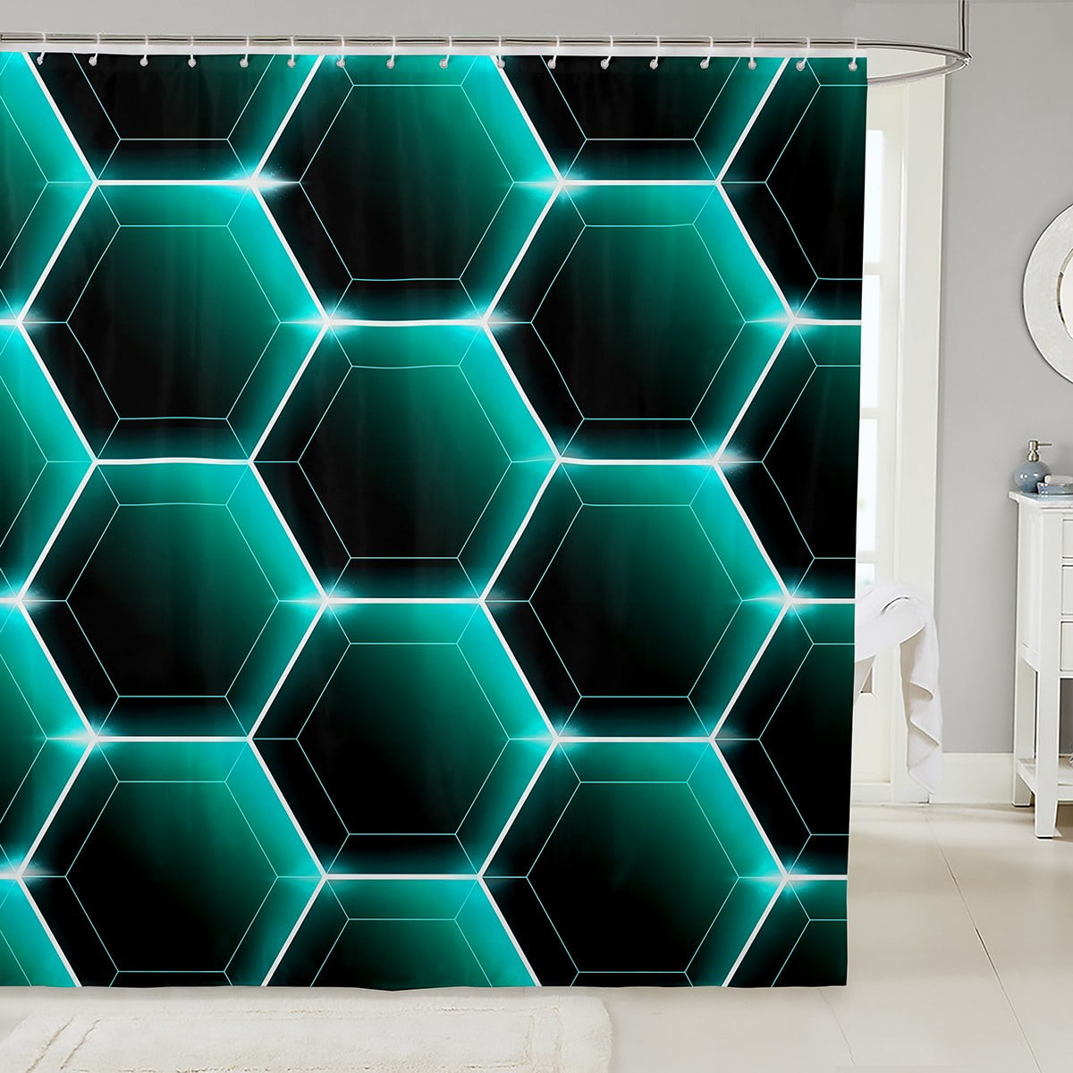 Honeycomb Shower Curtain 3D Stereoscopic Black and Teal Hexagon Bath Curtain Geometric Hexagonal ...