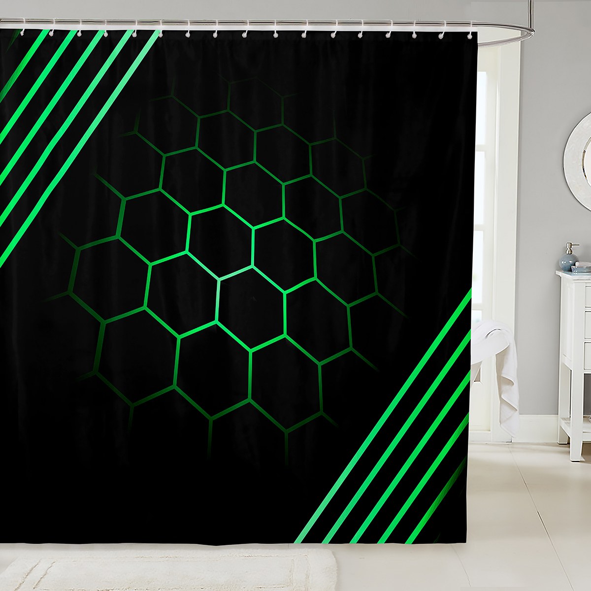 Honeycomb Shower Curtain Black Green Geometric Hexagon Pattern Gamer for Boys Girls,3D Hexagonal ...