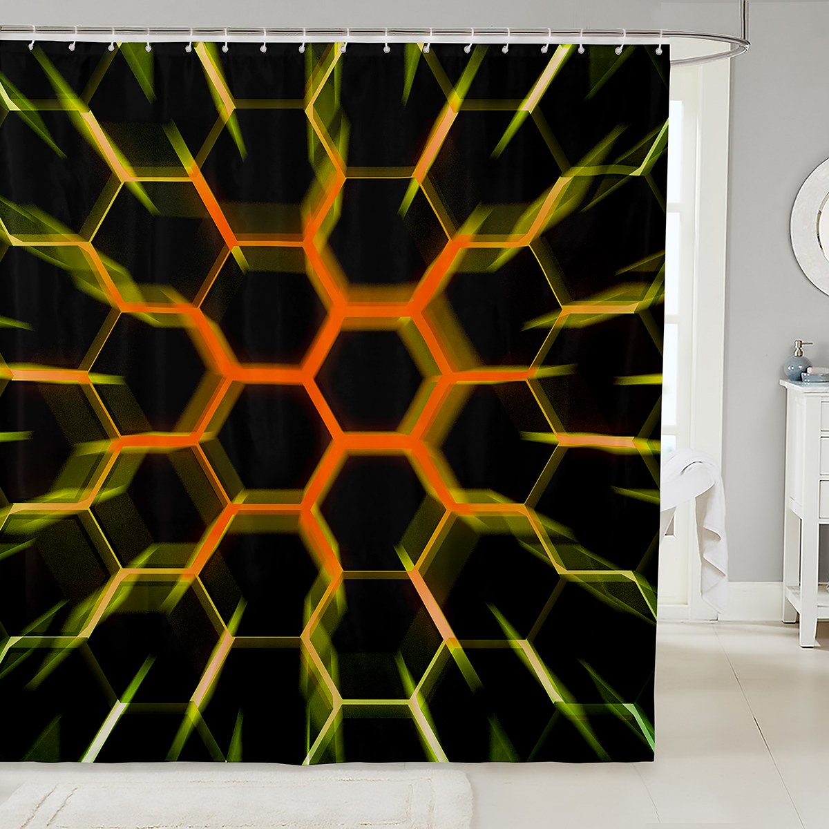 Honeycomb Shower Curtain Set Black Yellow Orange Geometric Hexagonal ,3D Hexagon Beehive ...