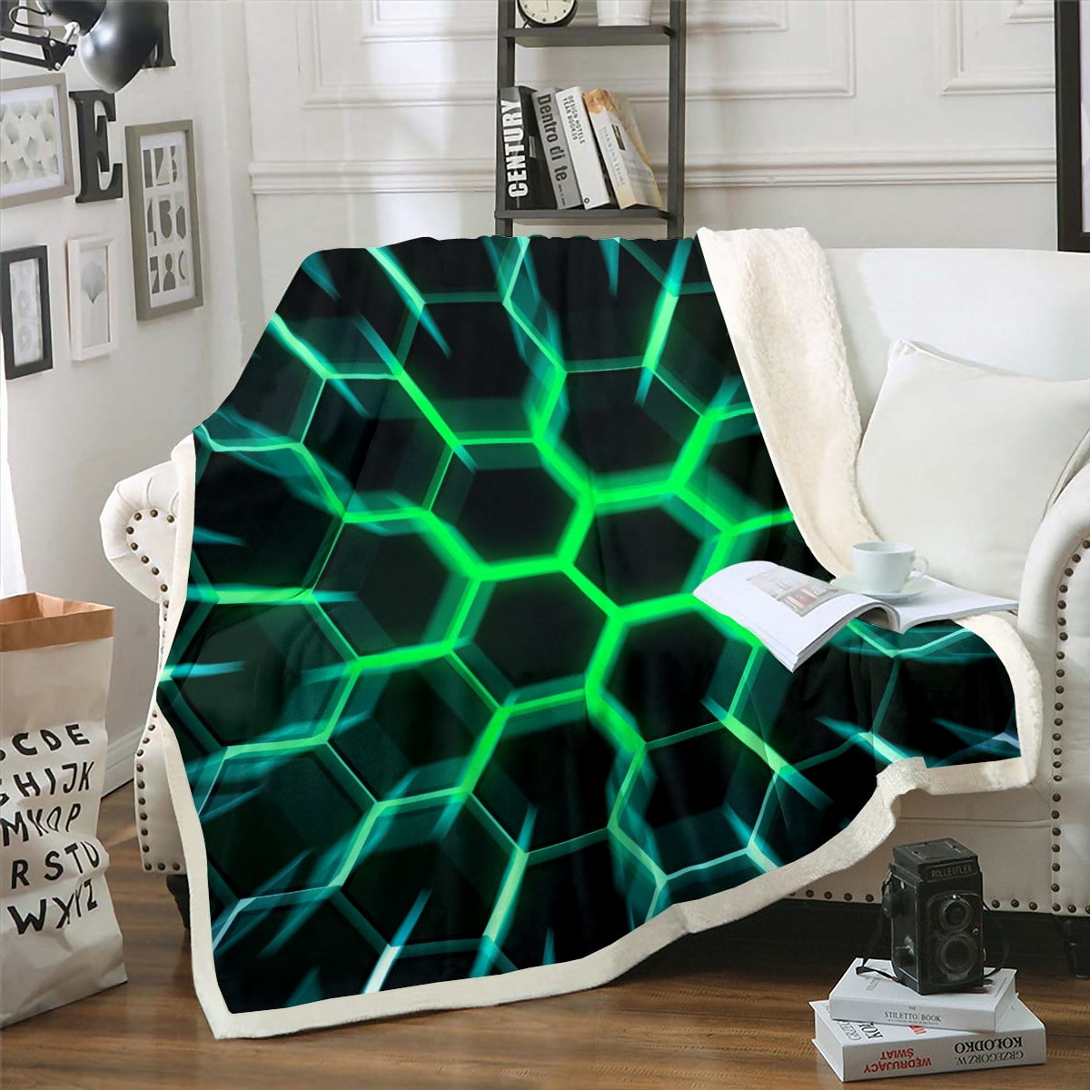 Honeycomb Throw Blanket Black Green Geometric Hexagonal Pattern Gamer ...