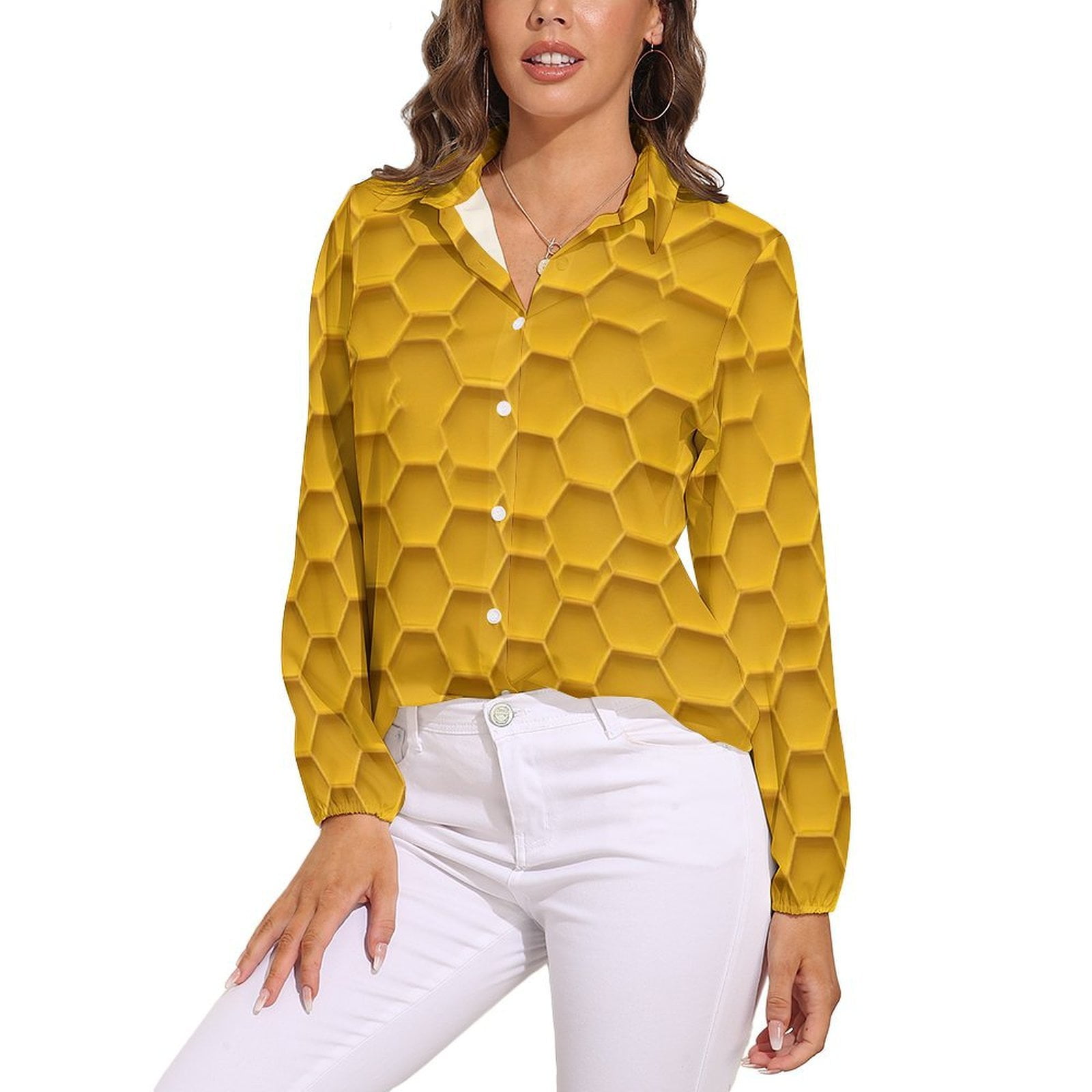 Honeycomb Yellow Texture Vntage Casual Long Sleeve Shirt Blouse Woman ...