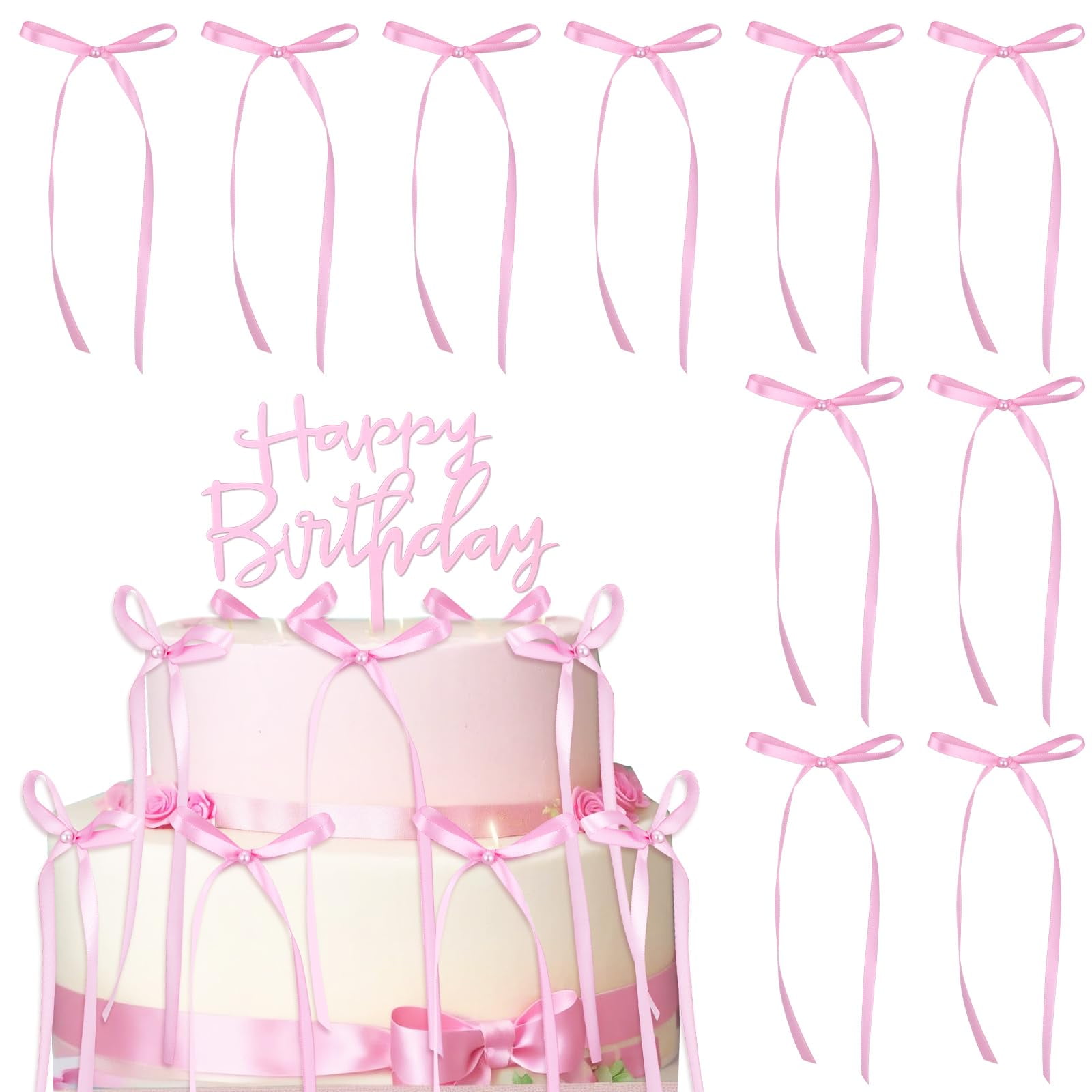 Honeydak 33 Pcs Pink Bow Cake Decoration MDH1Happy Sign Topper with 16 ...