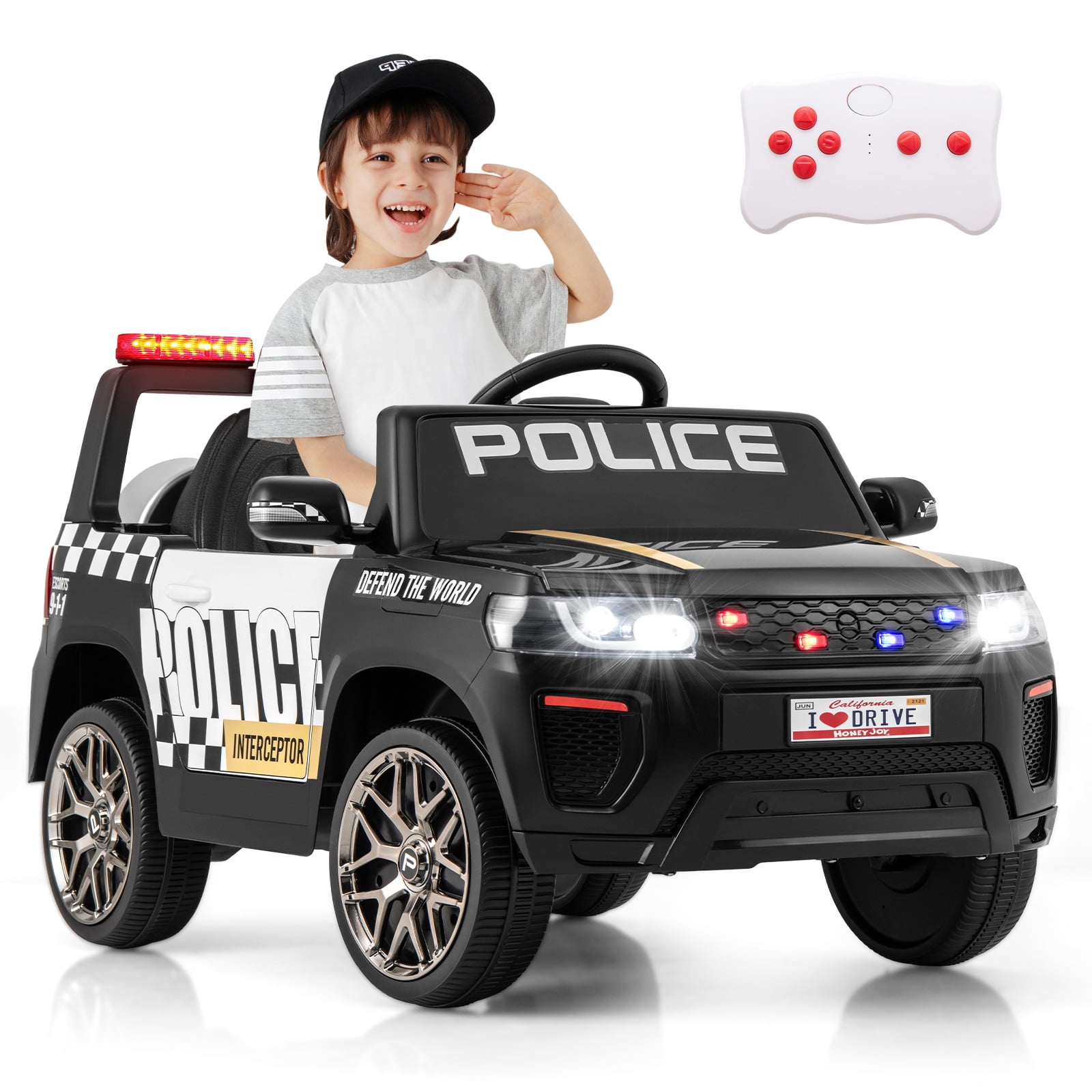 Costway Kids Ride on Police Car 12V 7A Battery Powered Cop Car with ...