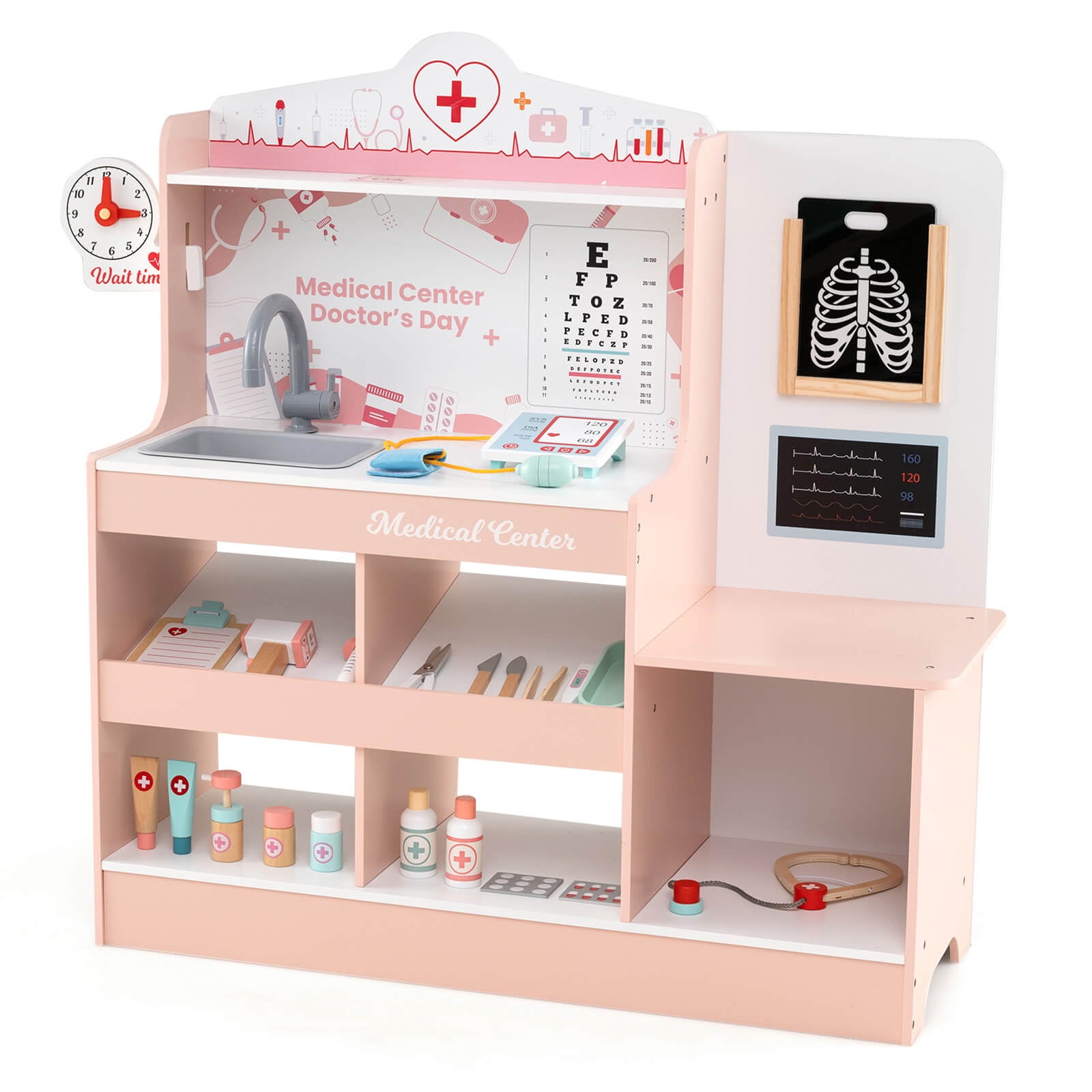 Costway Wooden Doctor Play Set with Clock Sink Eye Chart ECG Monitor ...