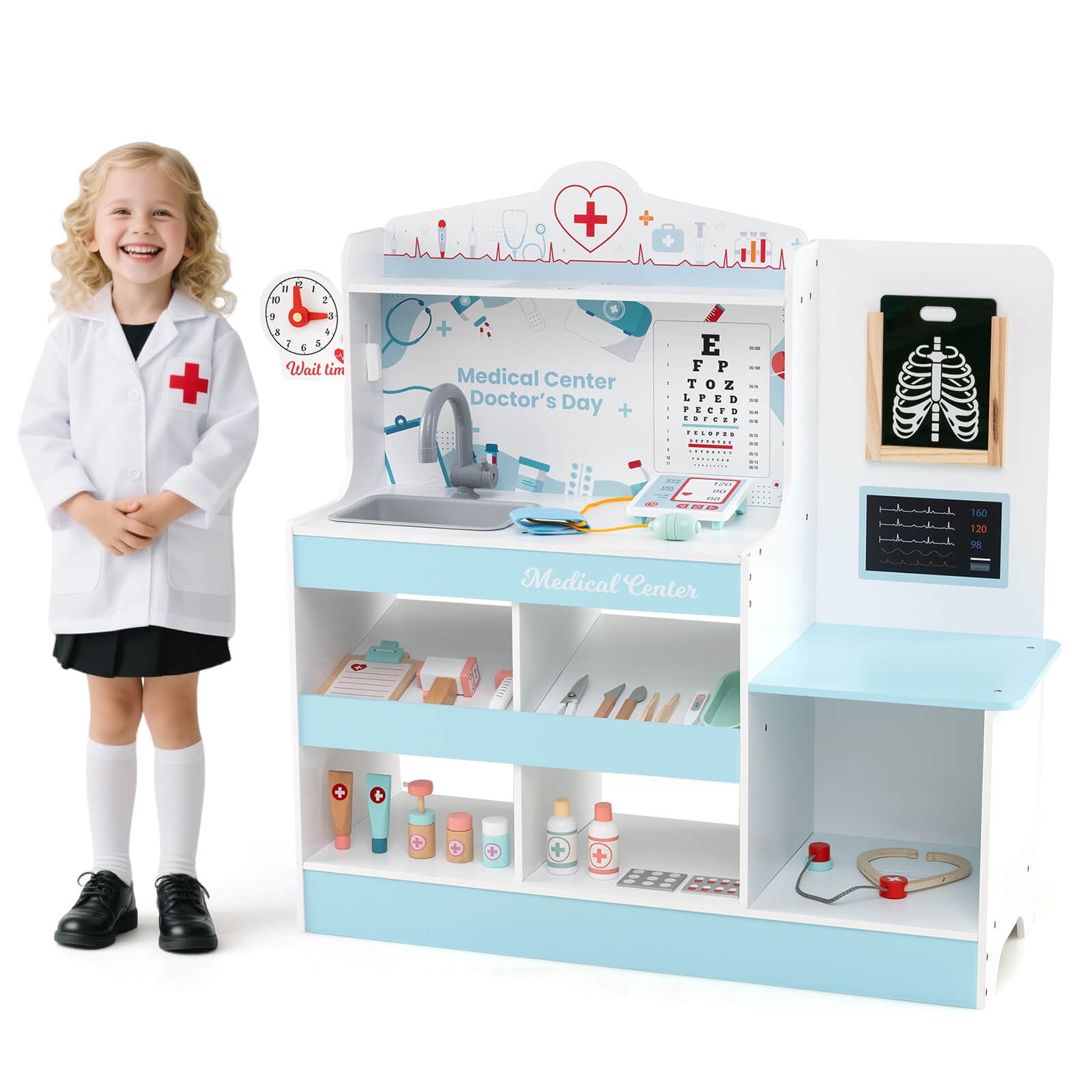 Honeyjoy Wooden Doctor Play Set with Clock Sink Eye Chart ECG Monitor ...