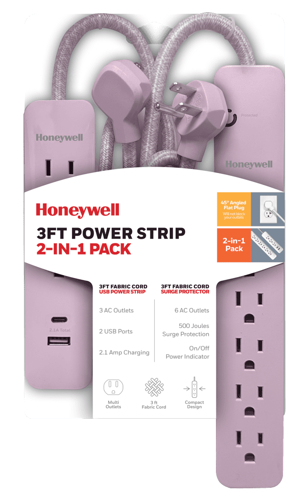 Honeywell 2-in-1 Pack Power Strips - 6 AC Outlets Surge + 3 AC 2 USB ...