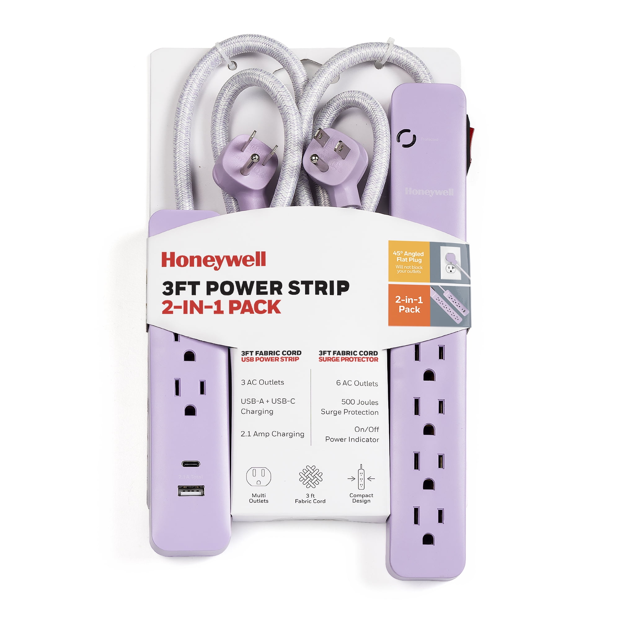 Honeywell 2-in-1 Pack Power Strips - 6 AC Outlets Surge + 3 AC 2 USB ...