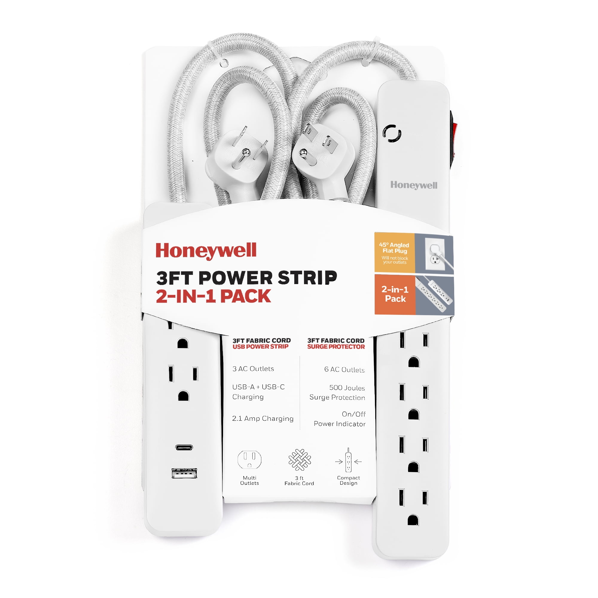 Honeywell 2-in-1 Pack Power Strips - 6 AC Outlets Surge + 3 AC 2 USB ...