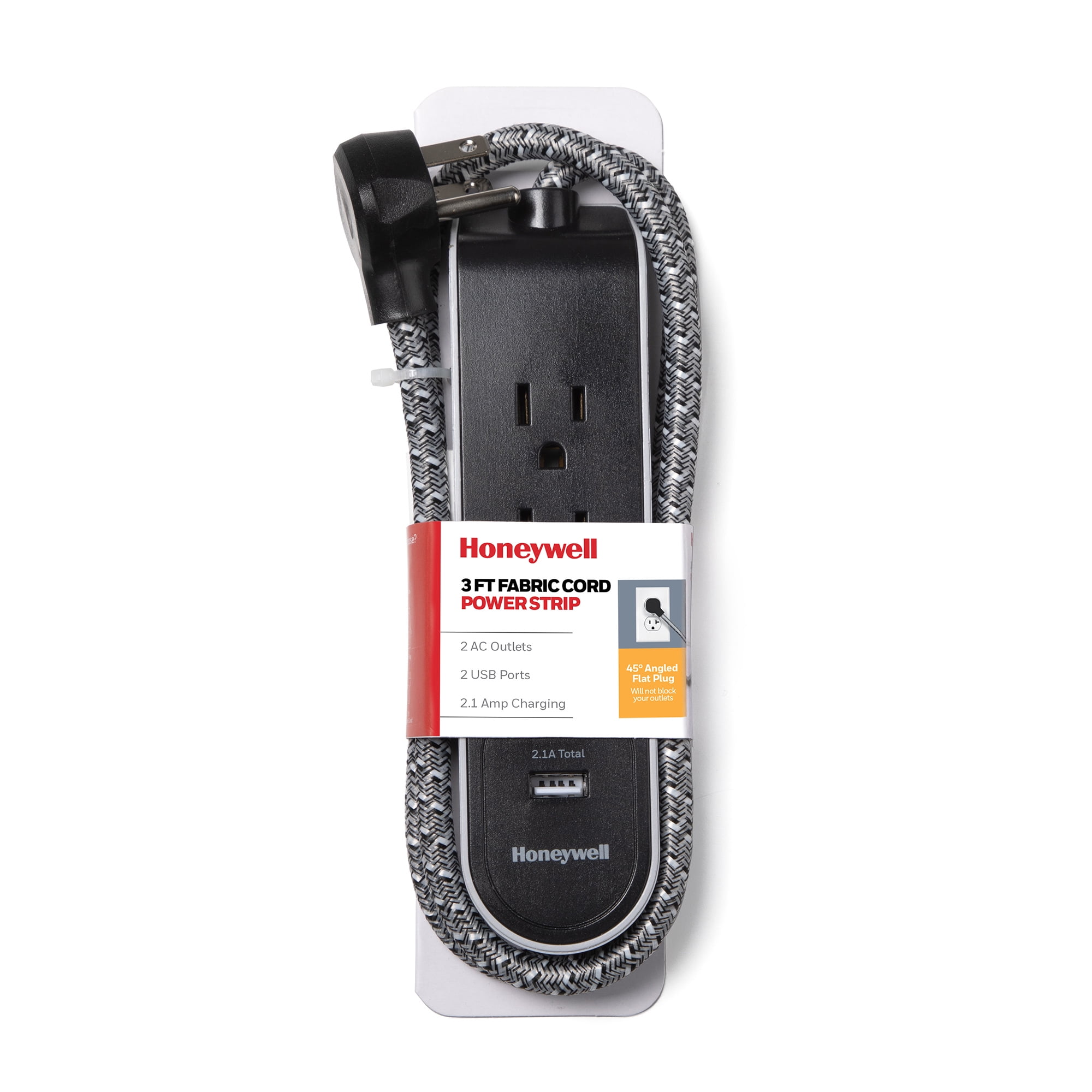 Honeywell Powerstrip with 2 AC Outlets, 2 USB Ports, 3 ft. Fabric Cord ...