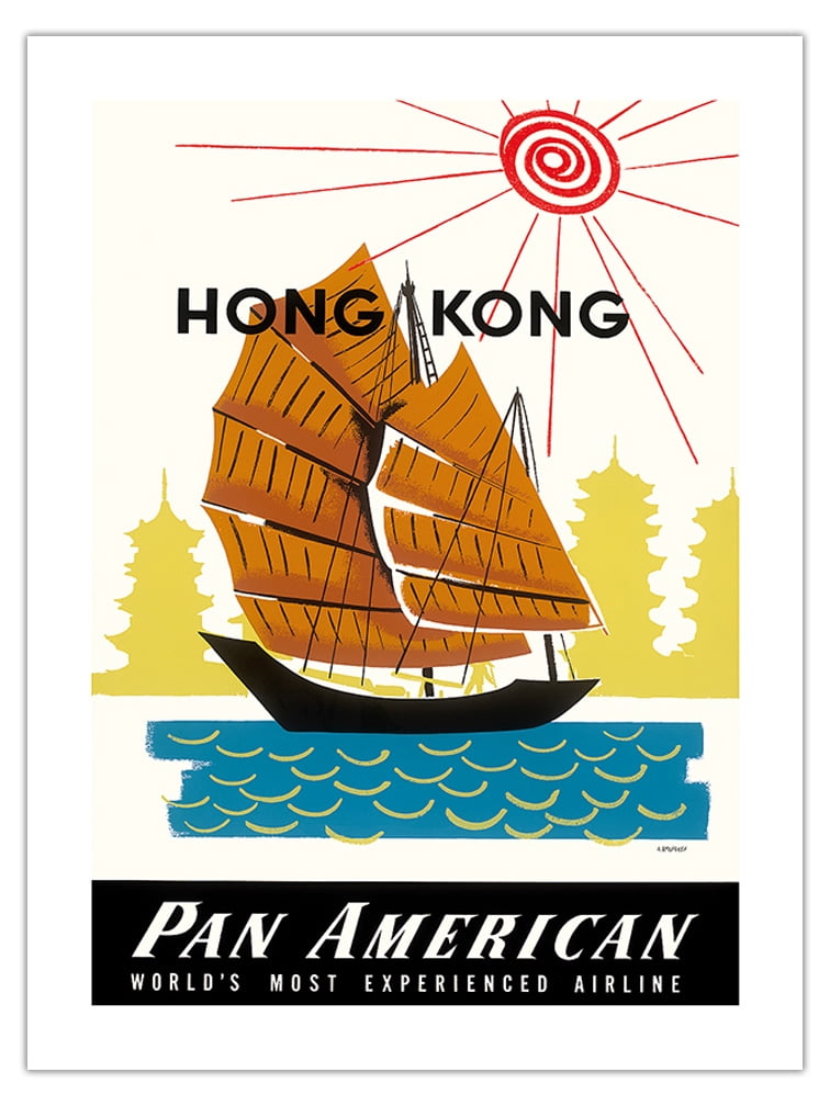 Hong Kong - Chinese Junk Ship and Pagoda Temples - Vintage Airline ...
