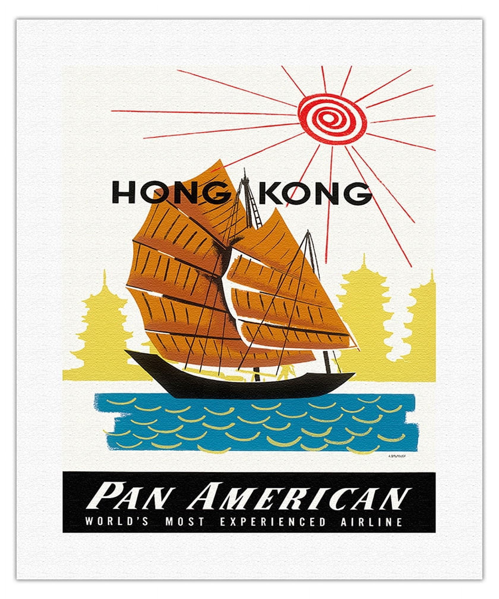 Hong Kong - Chinese Junk Ship and Pagoda Temples - Vintage Airline ...