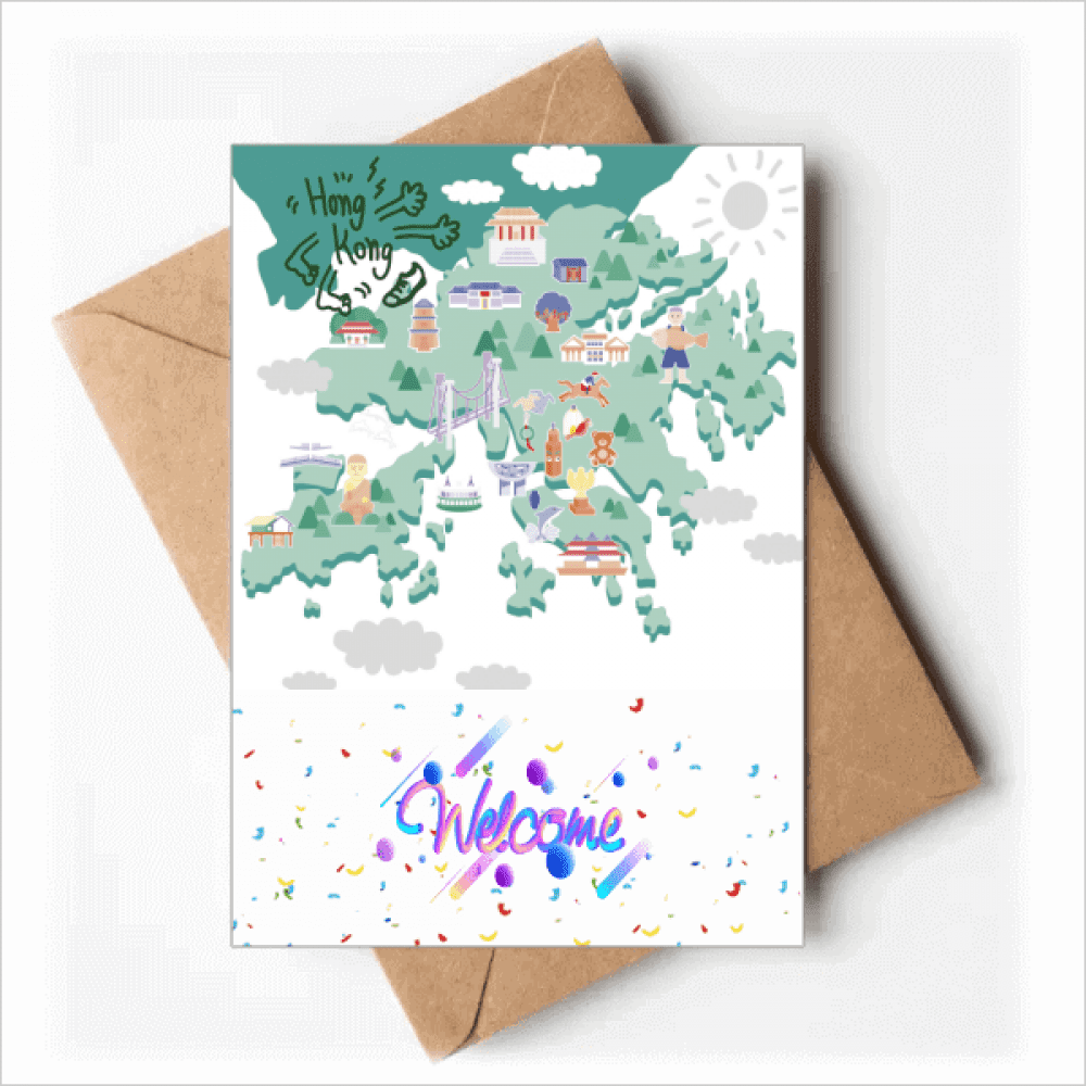 Hong Kong Map Famous Locations China Welcome Back Greeting Cards ...