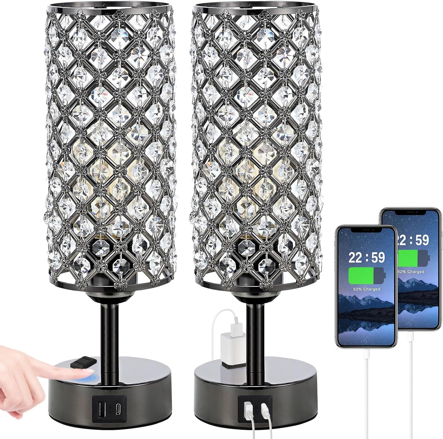 Hong-in Crystal Table Lamp Touch Control Set of 2, 3-Way Black Crystal ...