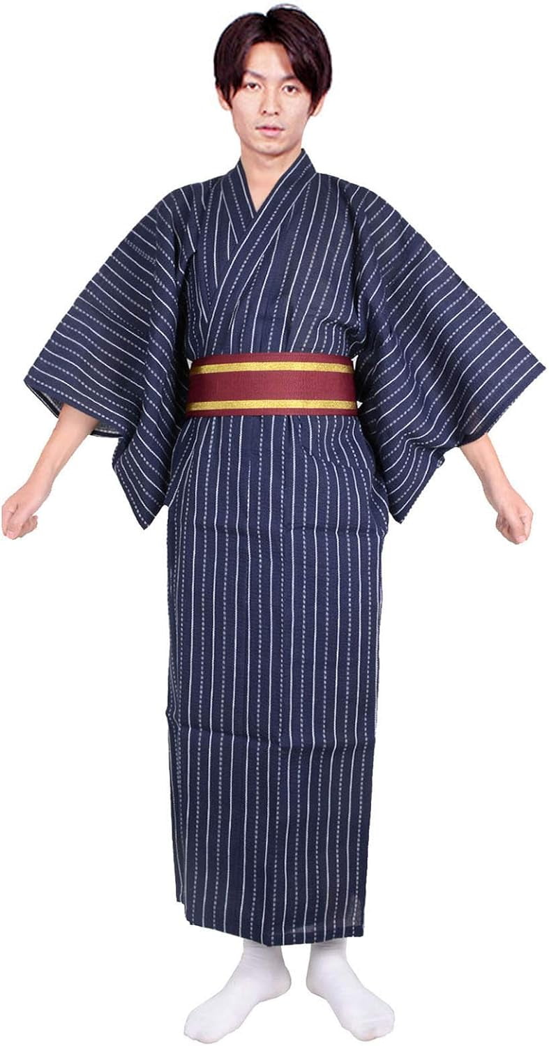 HongH Men's Japanese Traditional Kimono Robe Long Sleeve Spa Bathrobe Yukata Nightgown Obi Belt ...
