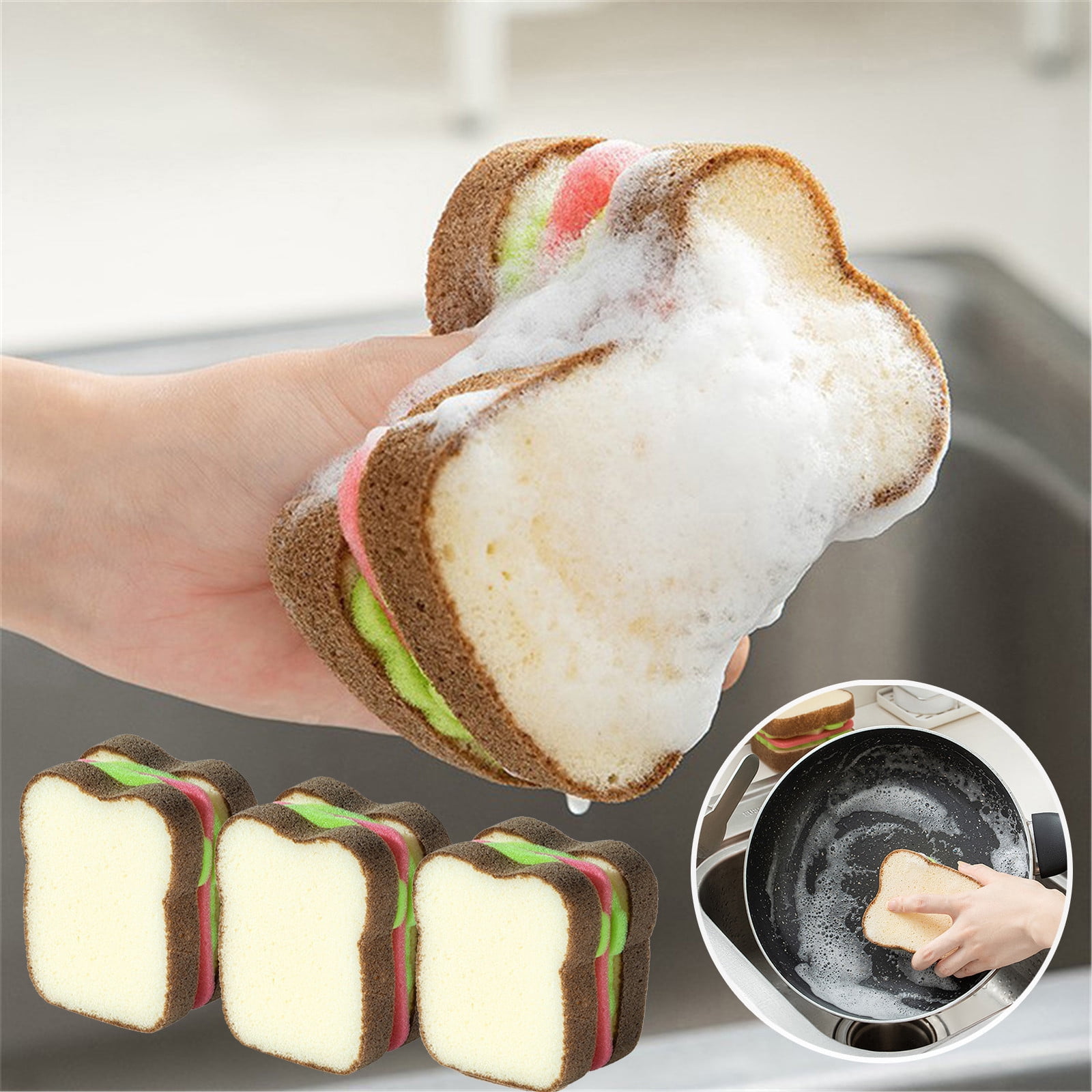 HongHeng 3Pcs Multifunction Scrub Sponges,Toast Shape Dish-Washing ...