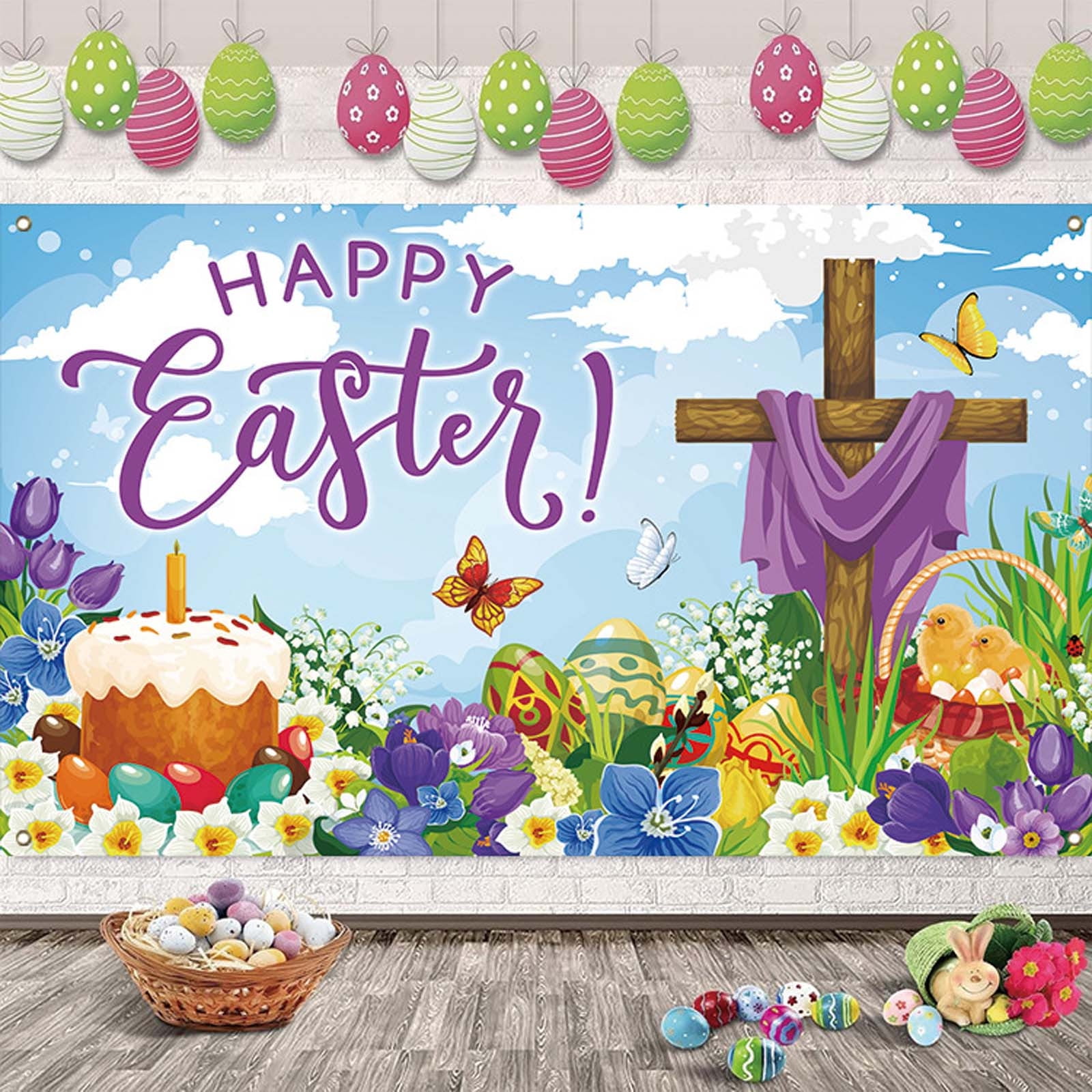 HongHeng Easter He Is Risen Backdrop Bunny Egg Photography Backdrop ...