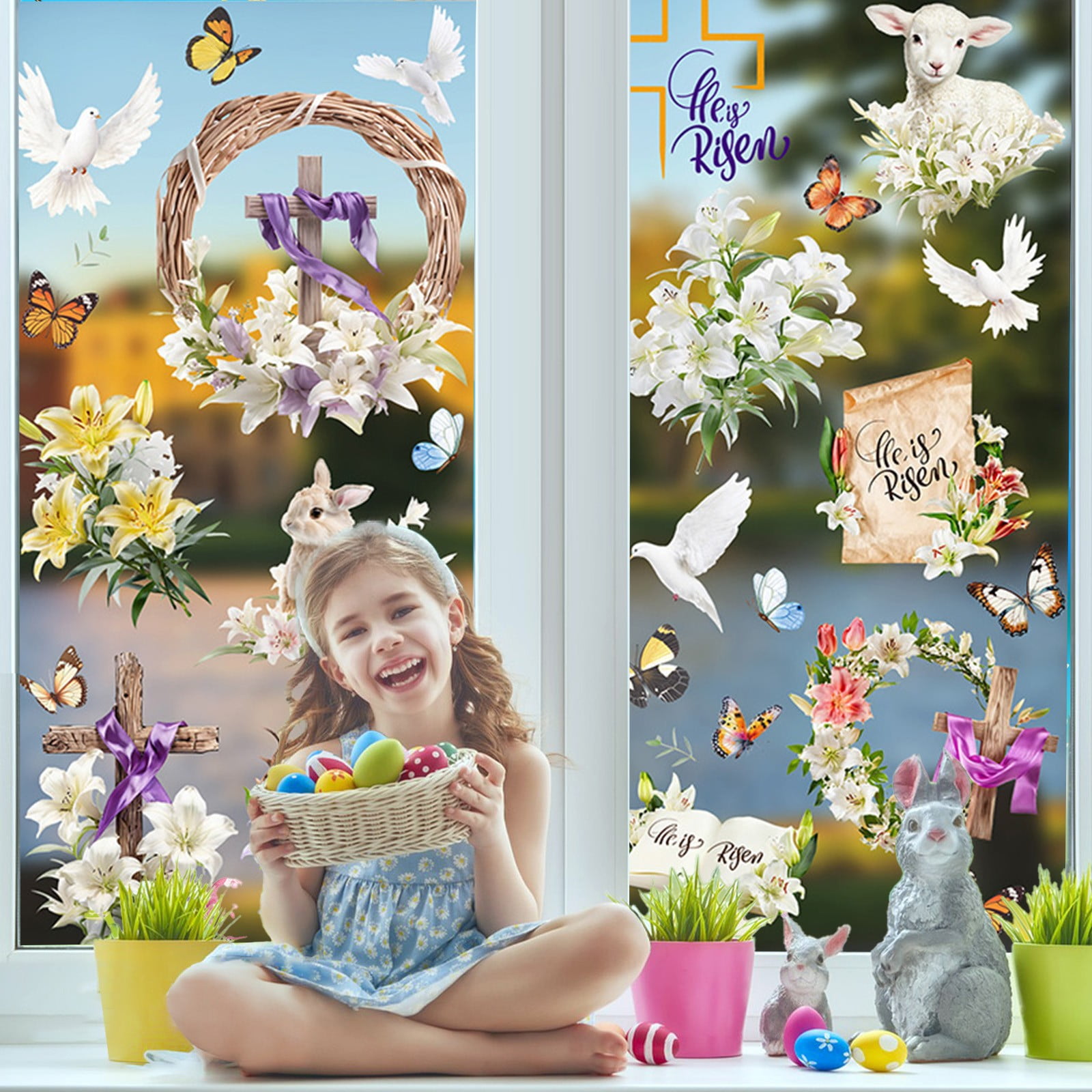HongHeng Happy Easter Bunny Window Clings, Religious Cross Eggs Carrot ...