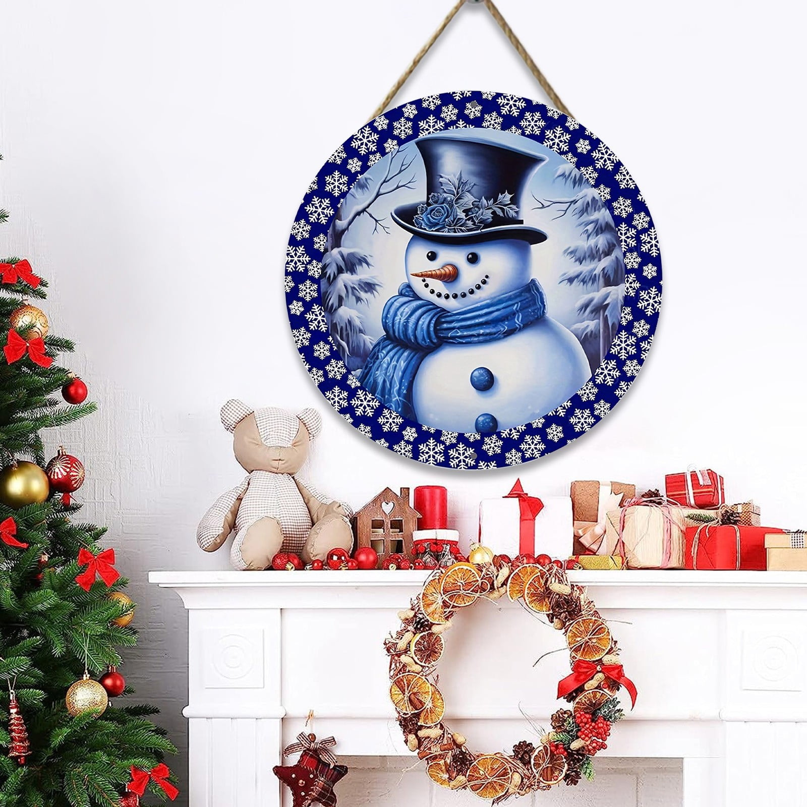 HongHeng Welcome Winter Blue Front Door Sign Winter Snowman Wood Door ...
