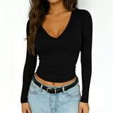 HongQid Deep V Neck Shirts for Women Long Sleeve Thermal Tops Slim Fit Lightweight Undershirts ...