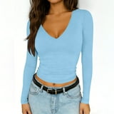 HongQid Deep V Neck Shirts for Women Long Sleeve Thermal Tops Slim Fit Lightweight Undershirts ...