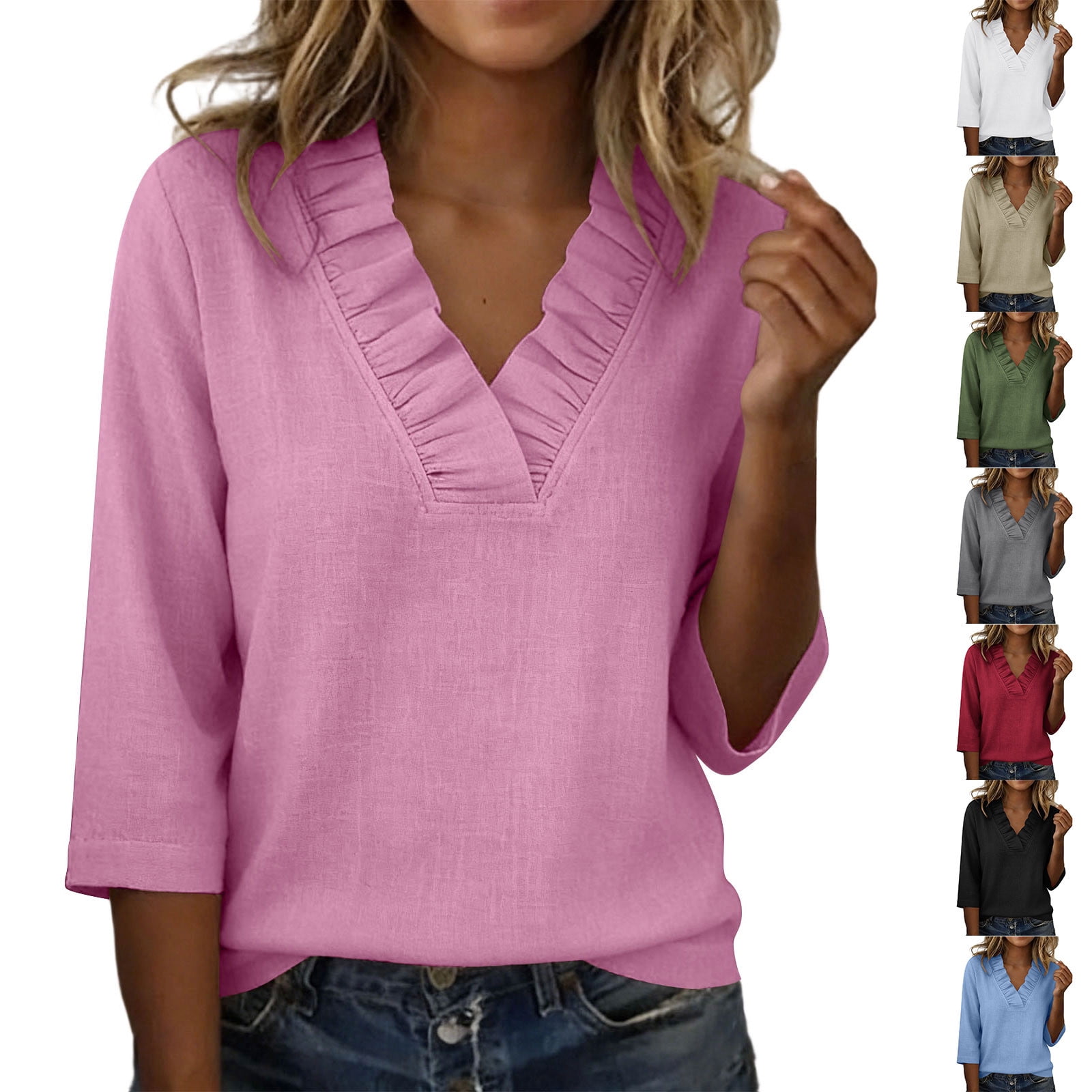 HongQid Linen Blend Tunic Tops Ruffle Trim V Neck 3/4 Sleeve Curved Hem ...