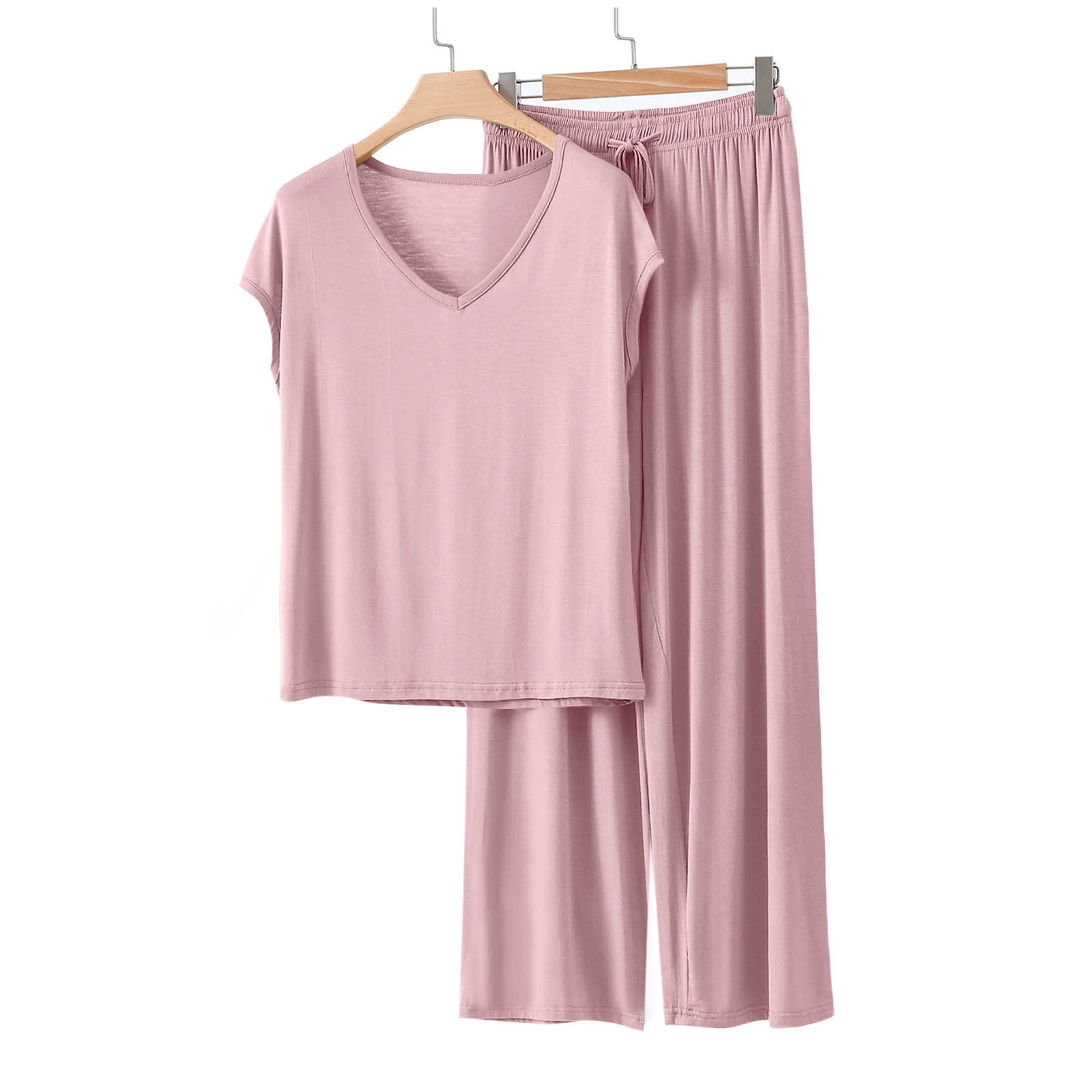 HongQid Pajama Sets for Women 2 Piece Lounge Set Short Sleeve Tops and ...