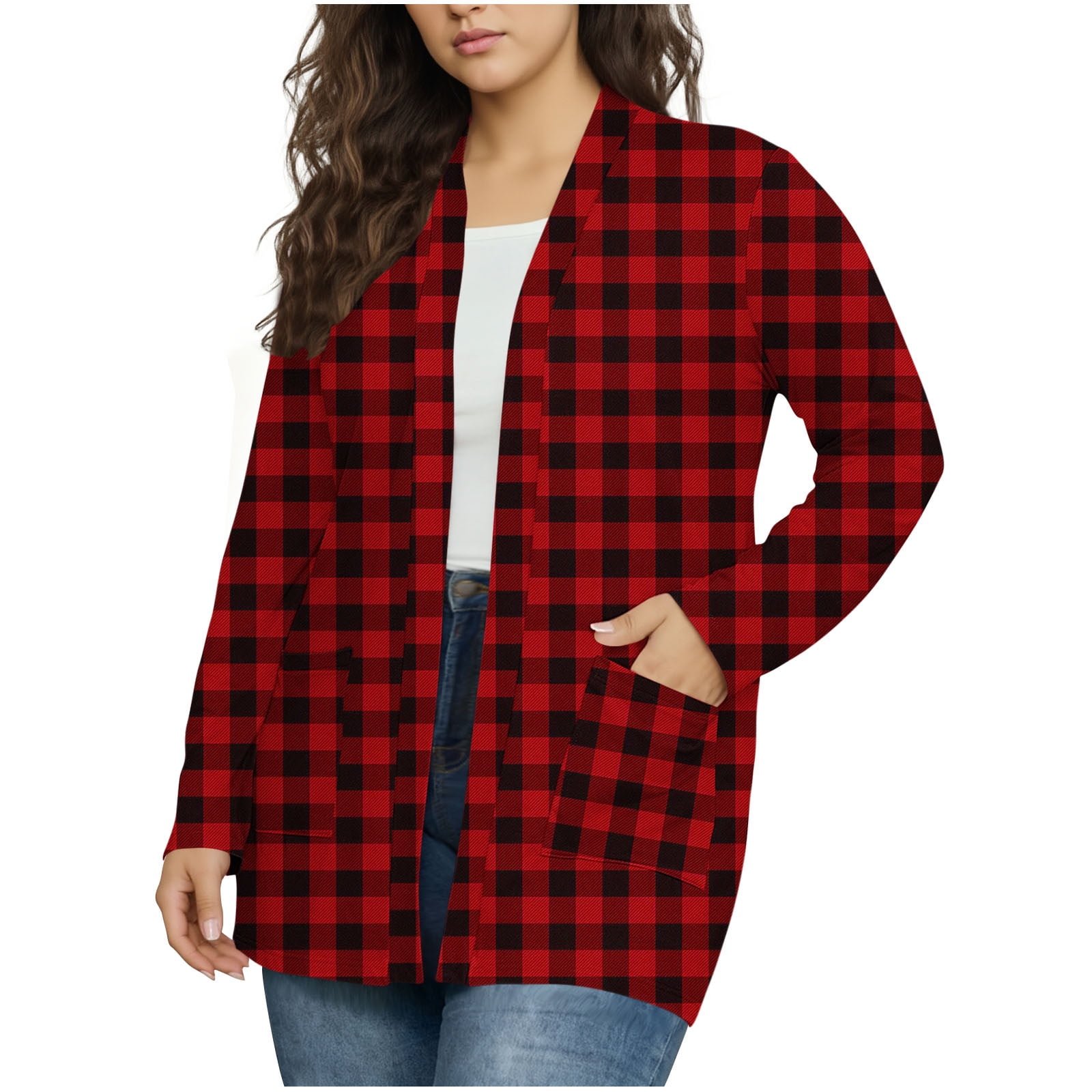 HongQid Plus Size Cardigan for Women Plaid Open Front Cardigans Long ...