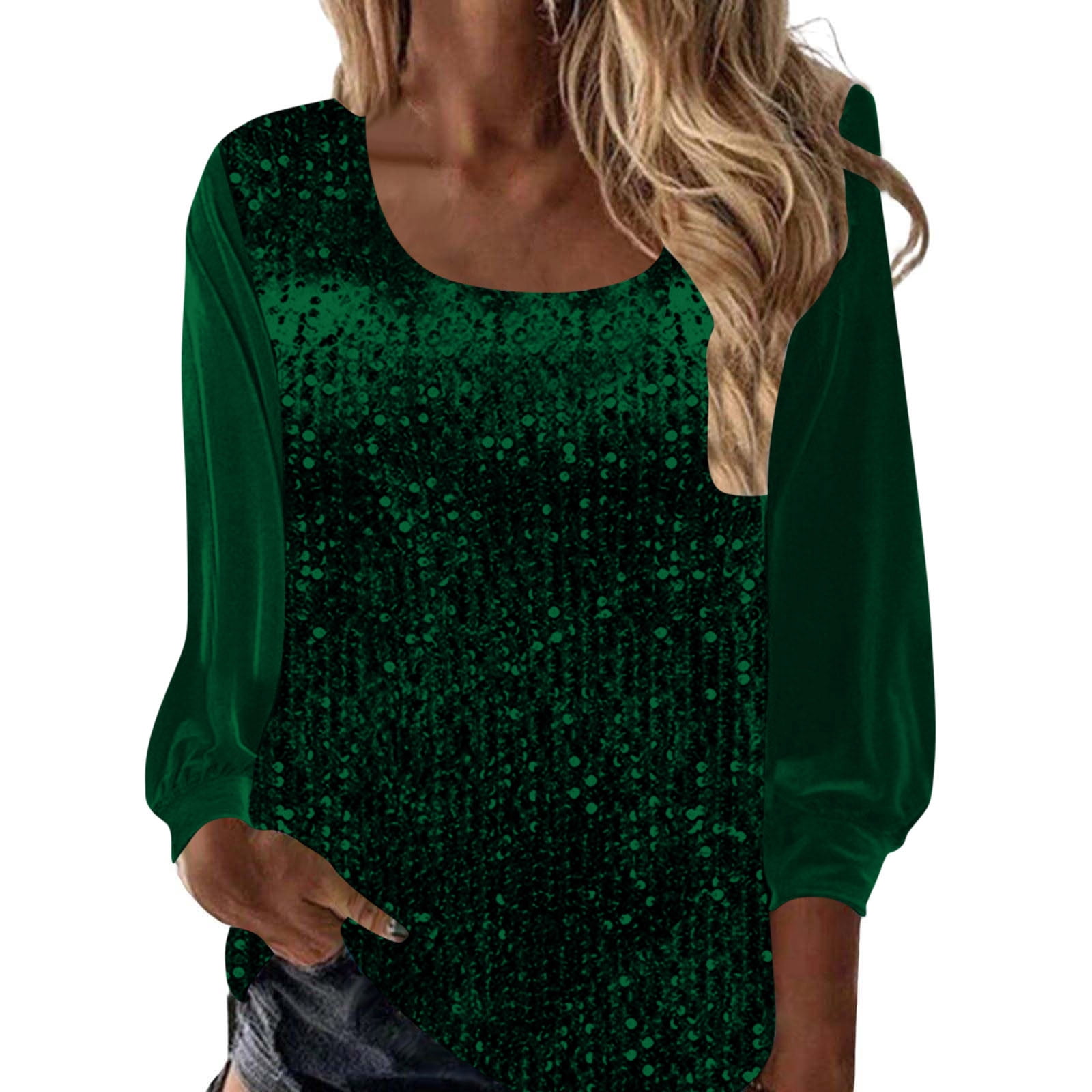 HongQid Sequin Tops for Women, Crew-Neck Long Sleeve Blouses for ...