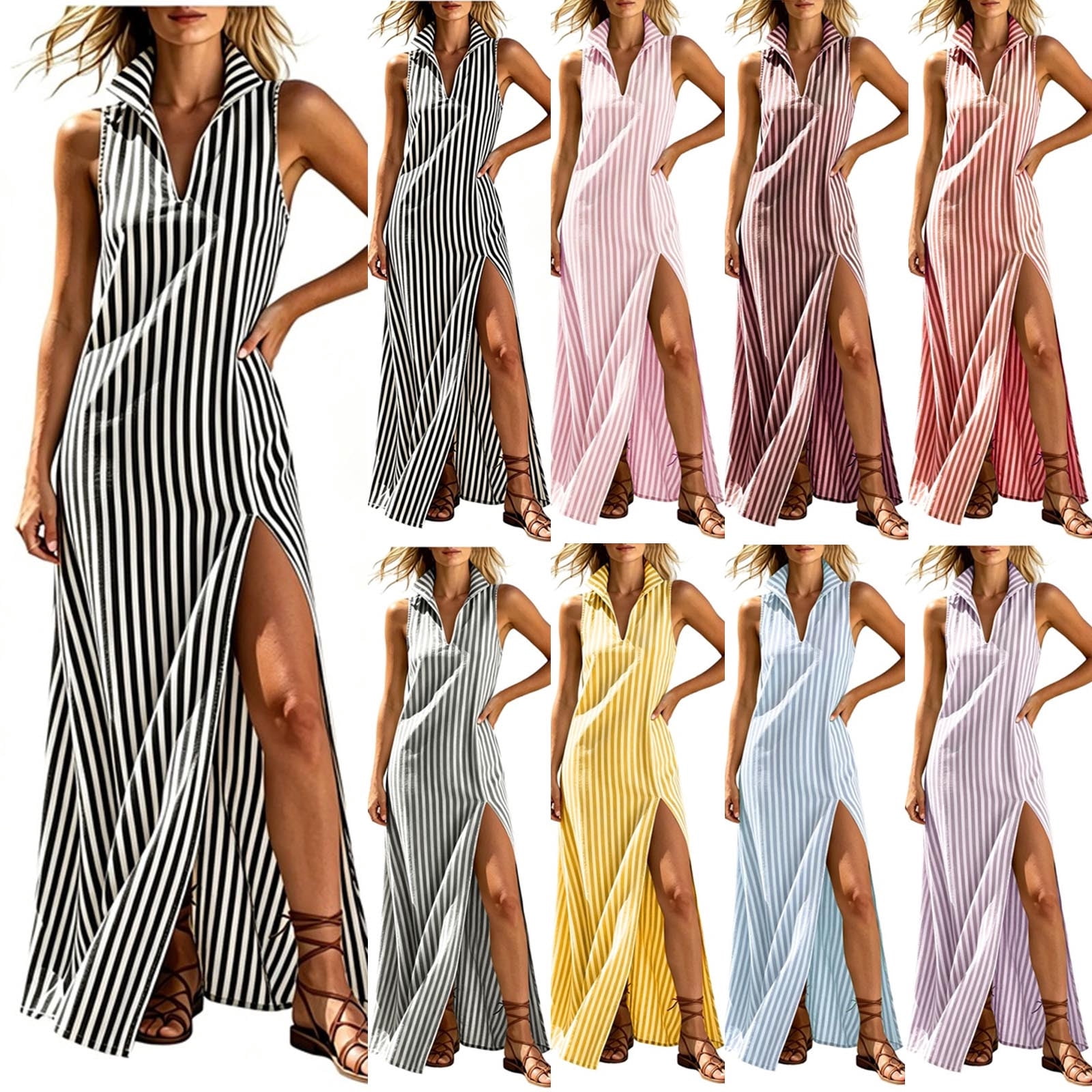 HongQid Sleeveless Striped Collared Maxi Dress Casual Split Hem Wrap ...