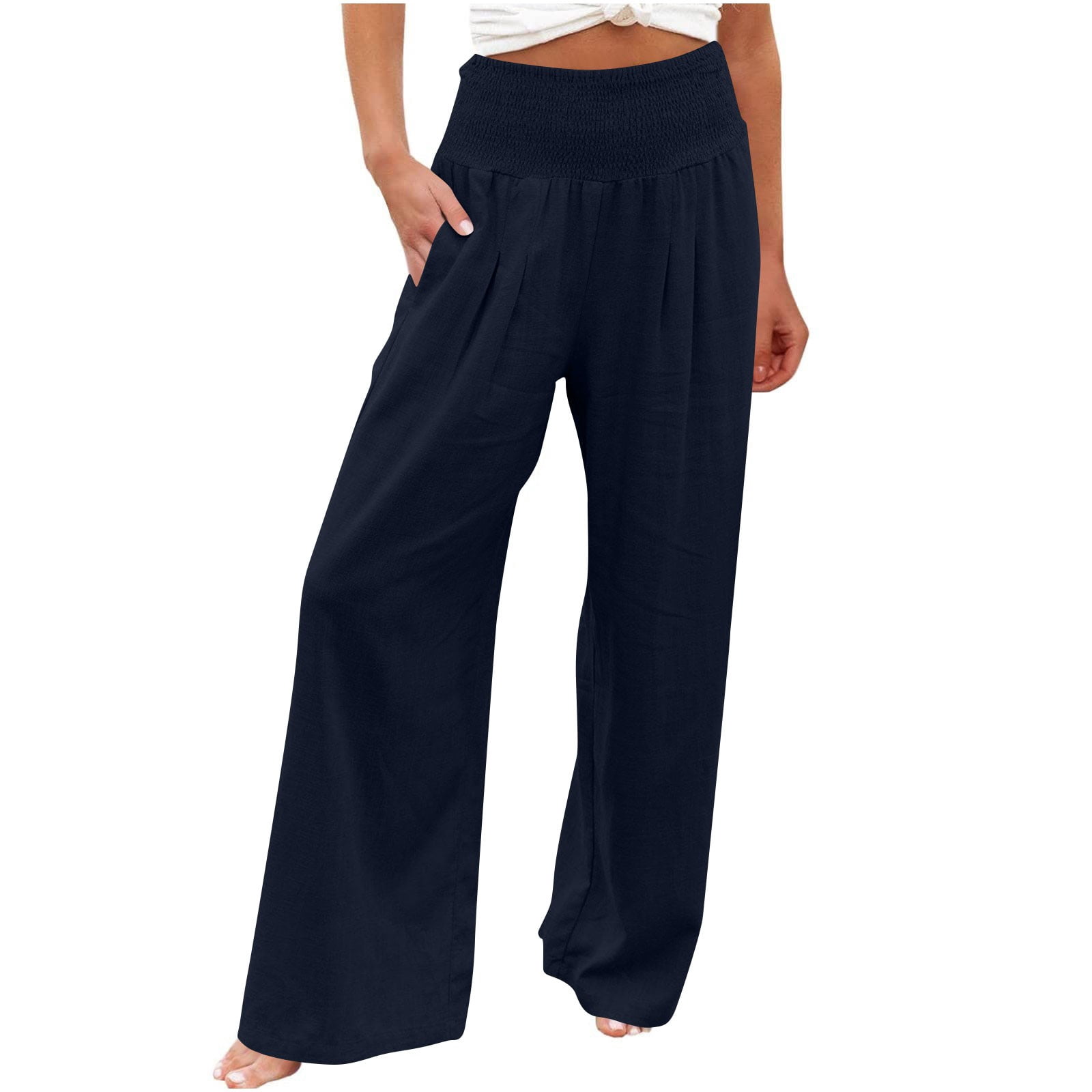 HongQid Wide Leg Pants Woman Linen Smock High Waisted Pull On Flowy ...