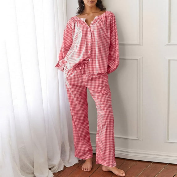 HongQid Women Pajamas Set Cute 2 Piece Pj Sets Plaid Button Down Shirts ...