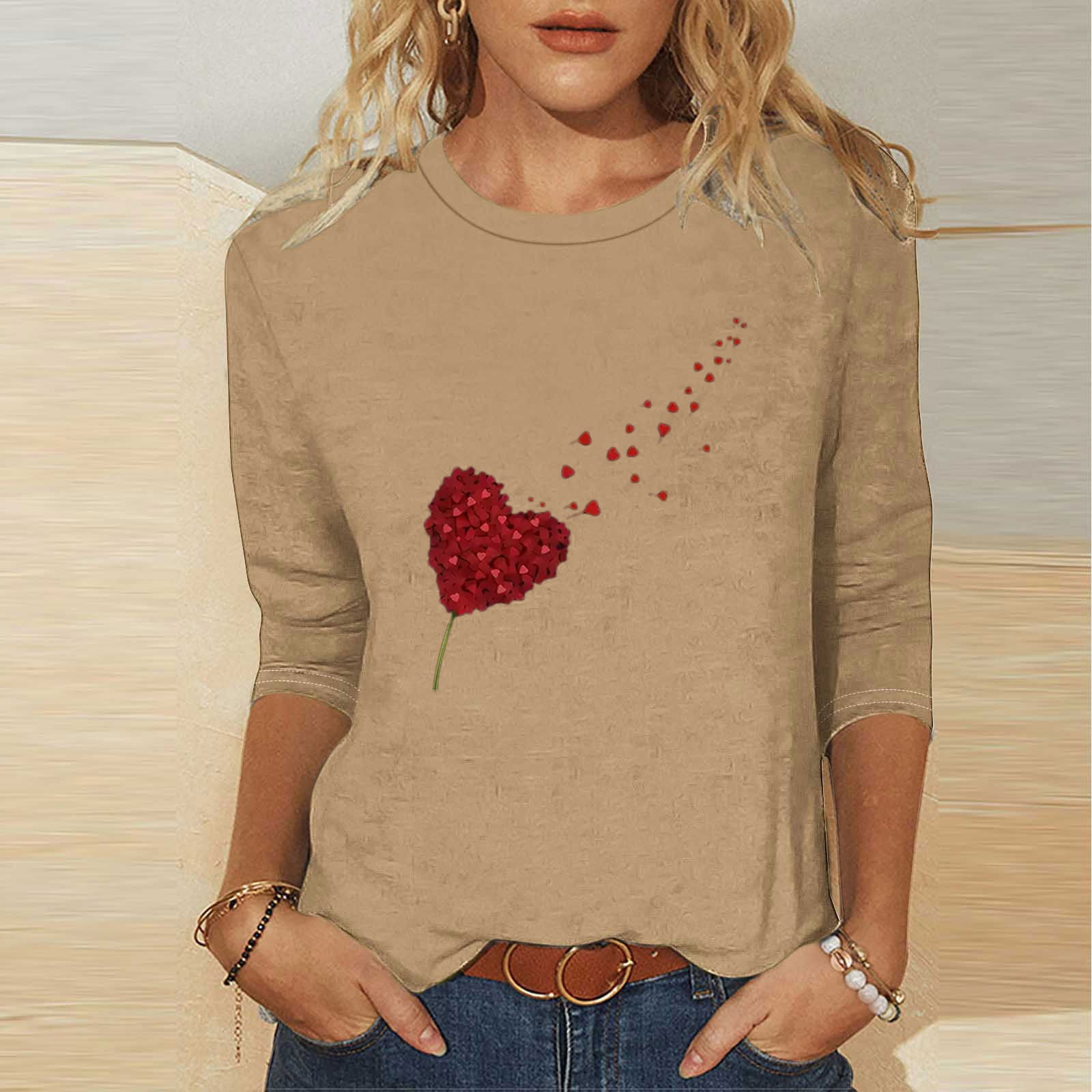 HongQid Women's Casual 3/4 Sleeve T-Shirts Love Heart Printed Round ...