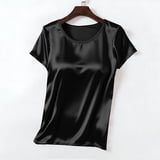 HongQid Women's Crew Neck Satin Blouse Cap Short Sleeve Party Blouse ...