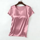 HongQid Women's Crew Neck Satin Blouse Cap Short Sleeve Party Blouse ...