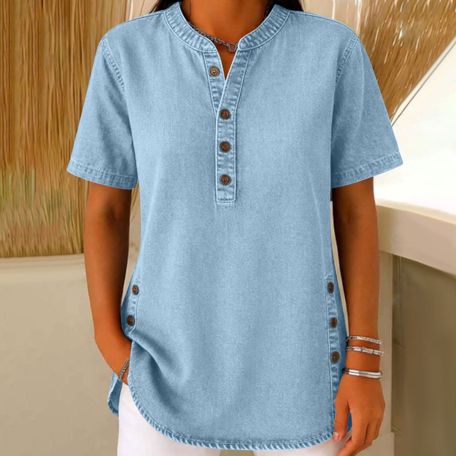 HongQid Women's Denim Henley Shirt Short Sleeve Tunic Tops with Side ...