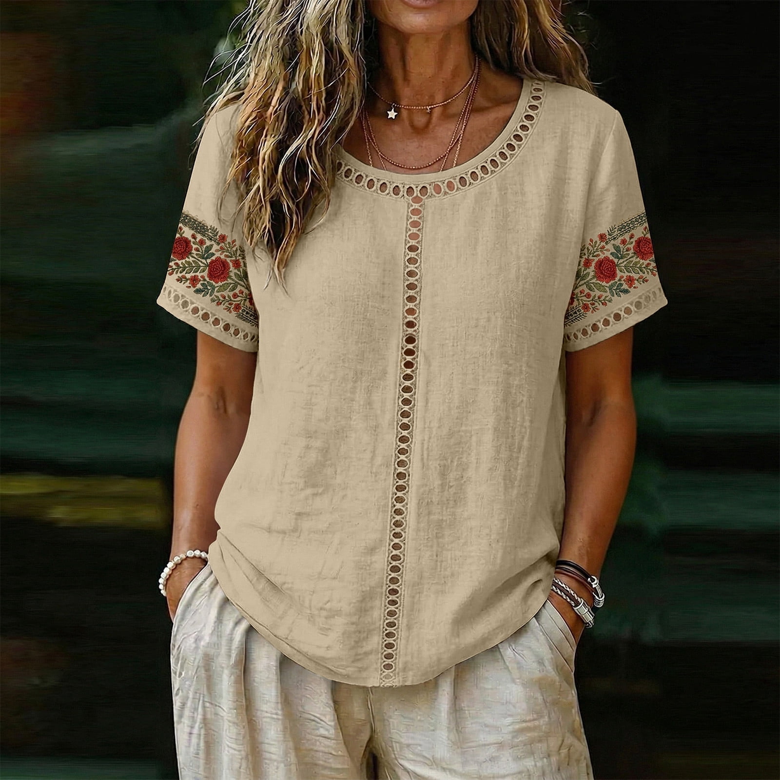 HongQid Women’s Floral Embroidered Linen Blend Short Sleeve Top Eyelet ...