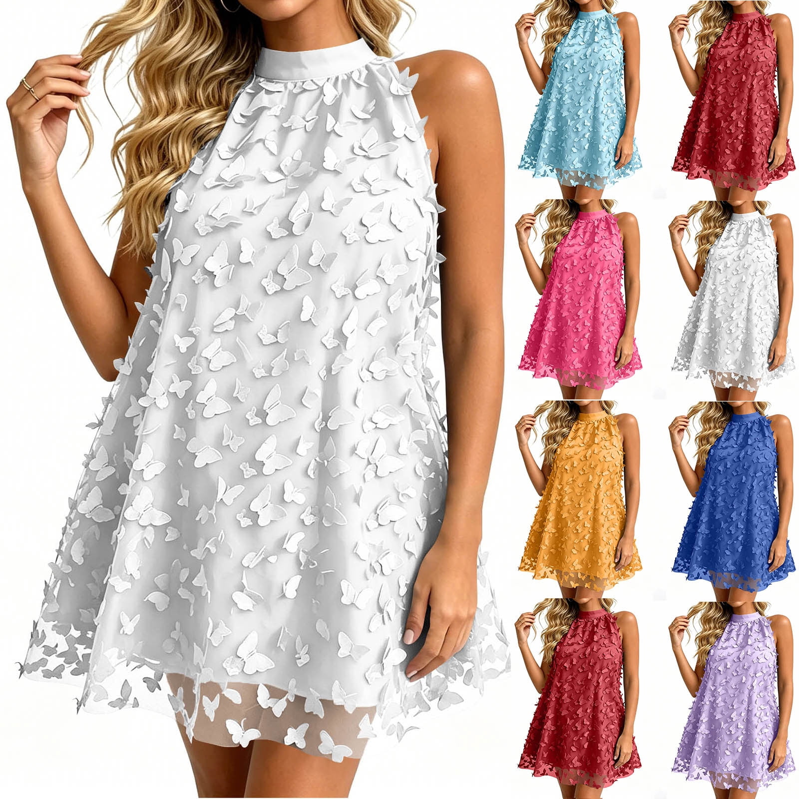 HongQid Women's Halter Neck 3D Butterfly Applique Mini Dress Sleeveless ...