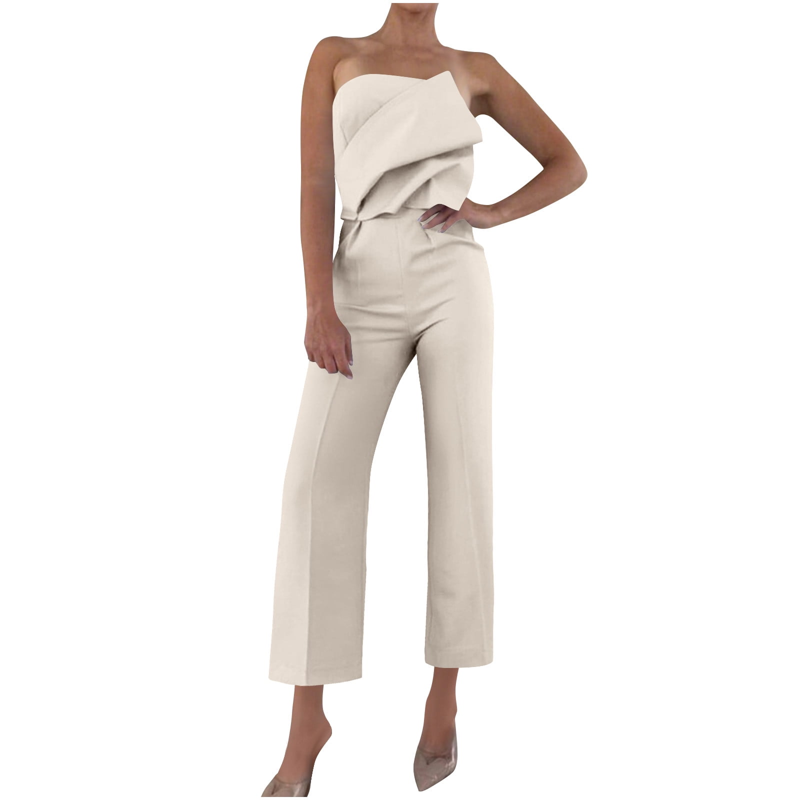 HongQid Women's Off Shoulder Tube Top Rompers High Waist Long Wide Leg ...
