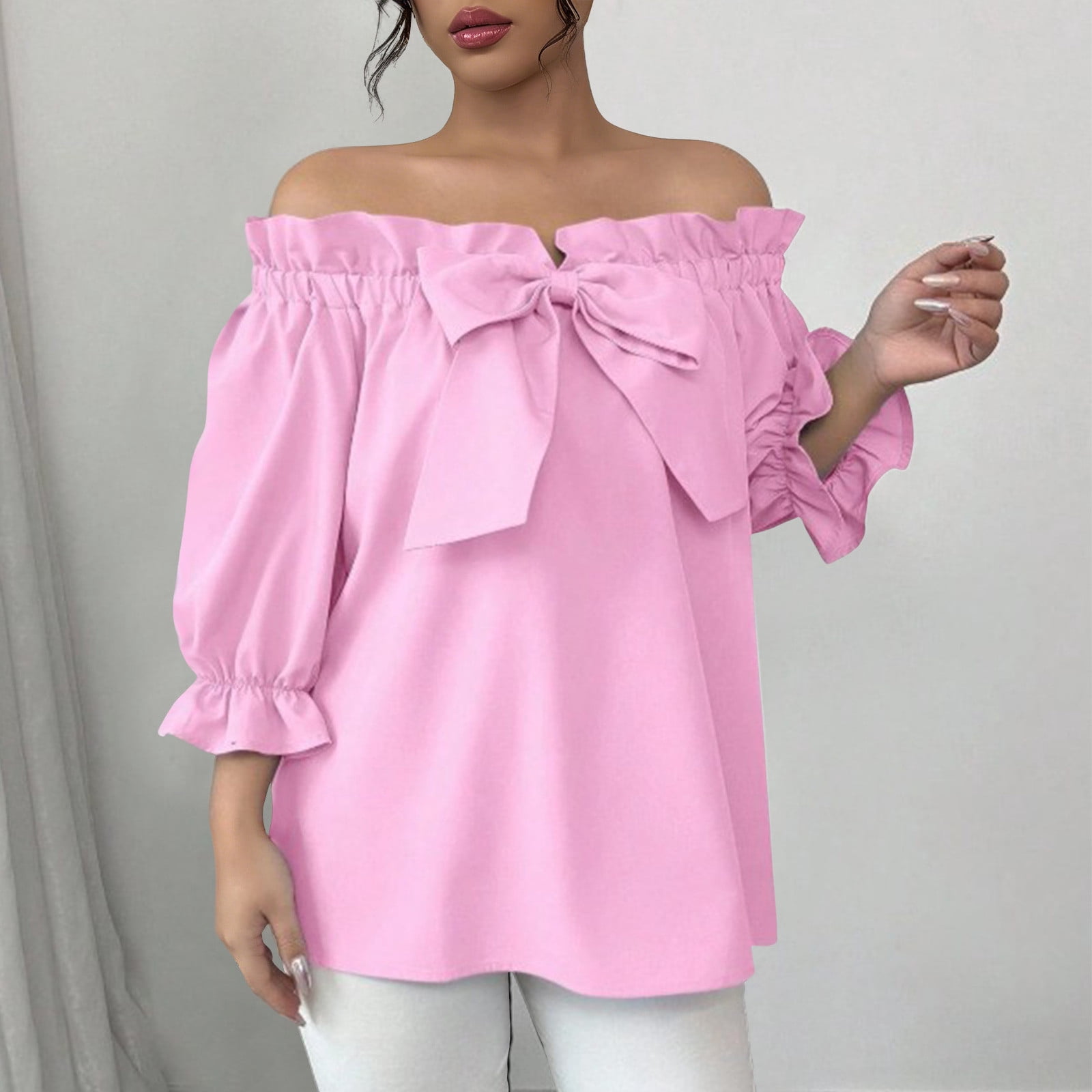 HongQid Women's Plus Size Off Shoulder Top Tie Front Layered Ruffle 3/4 ...