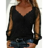 HongQid Women's Sheer Mesh Long Sleeve Shirts Going Out Tops Dressy V ...