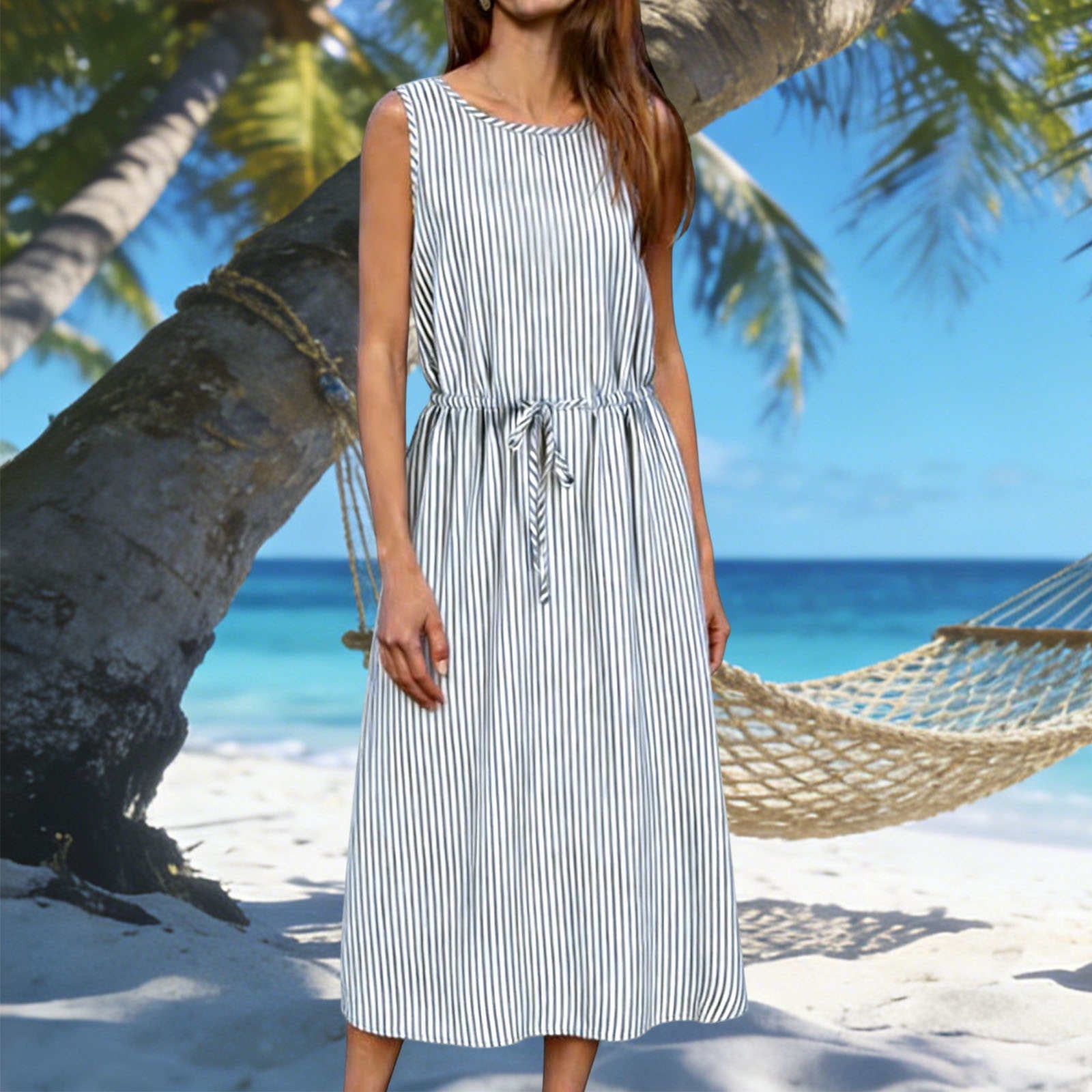 HongQid Women's Sleeveless Casual Loose Striped Cotton Linen A Line ...